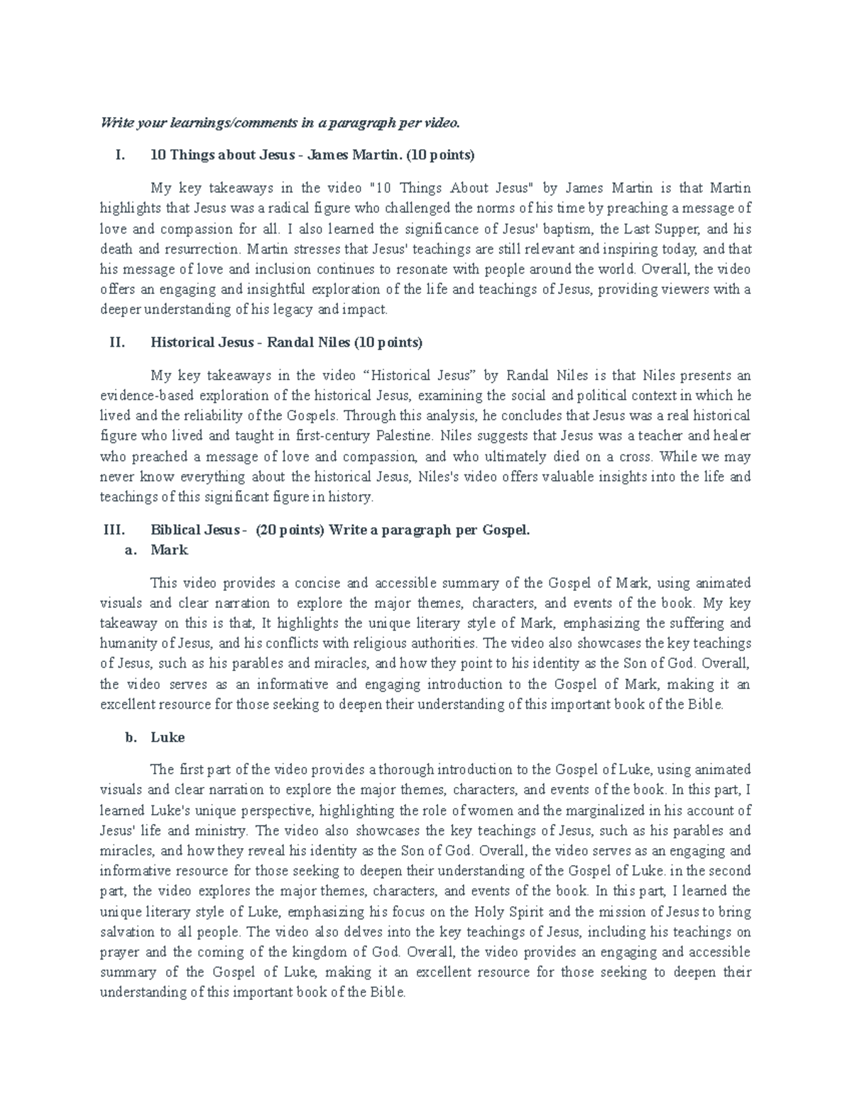 A - essay about Jesus - Write your learnings/comments in a paragraph ...