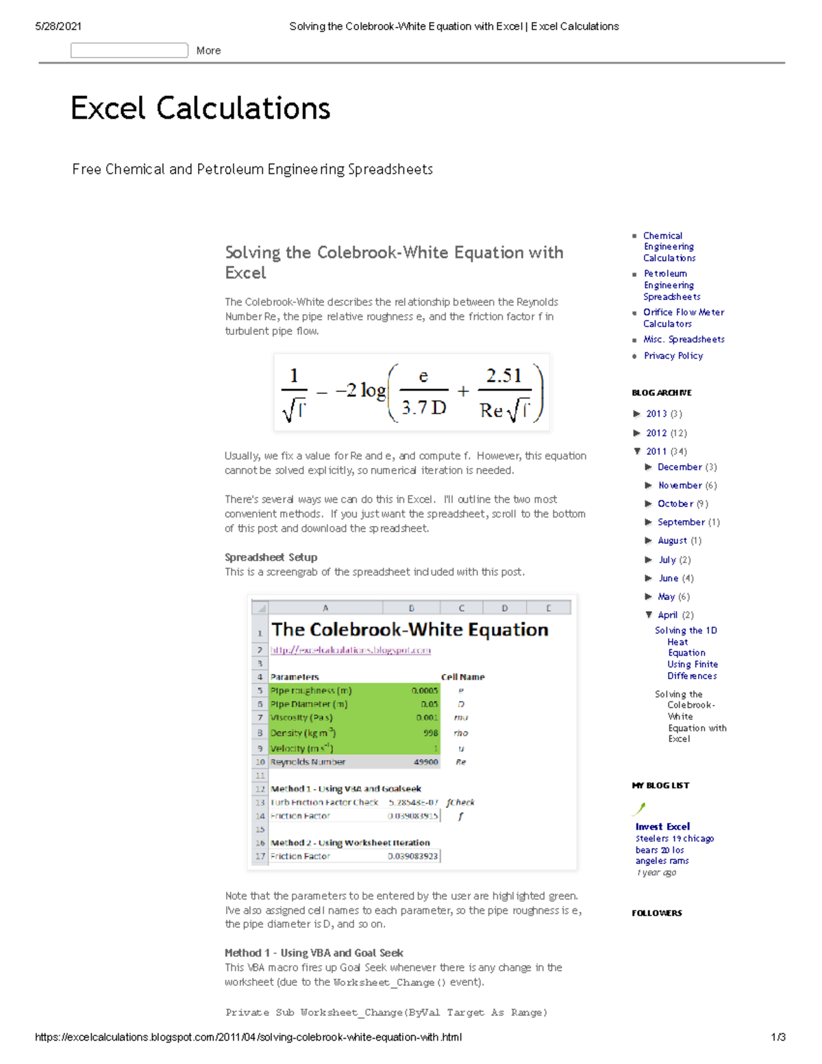 520916101 Solving the Colebrook White Equation With Excel Excel ...
