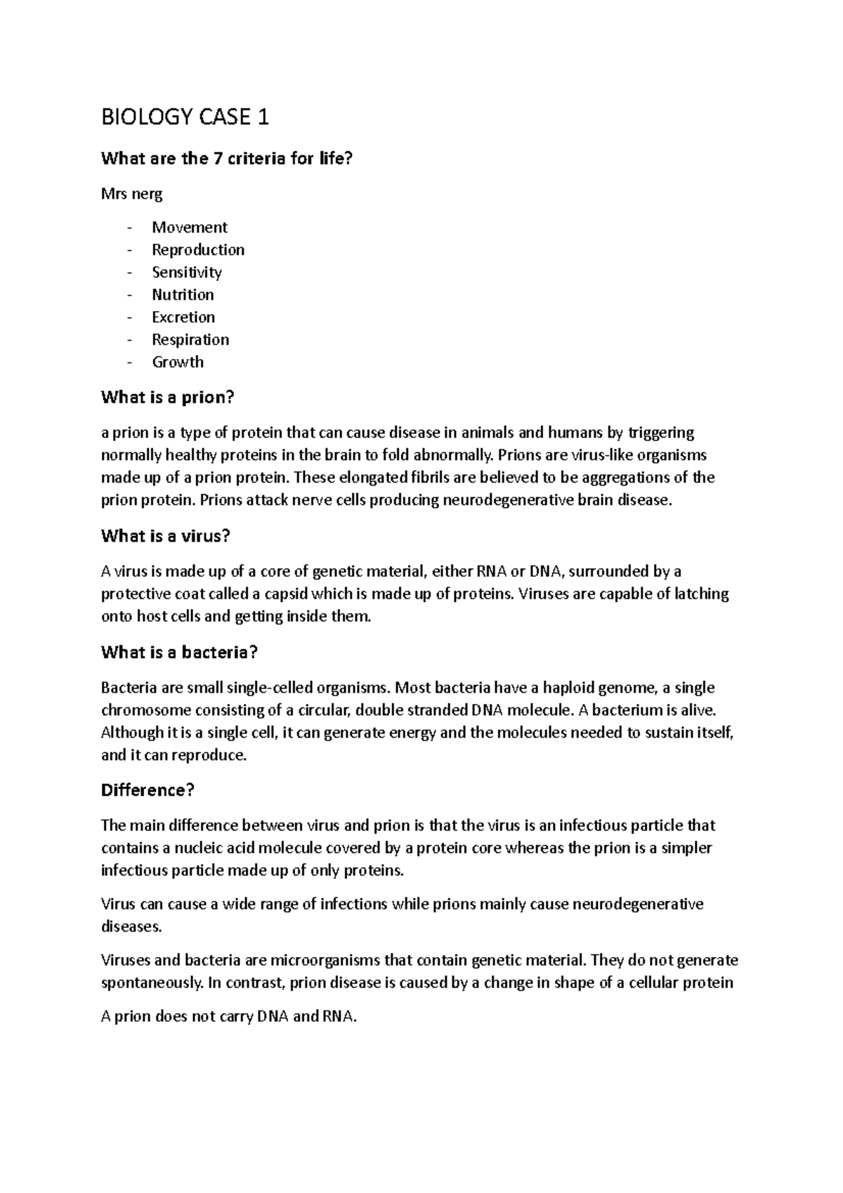Biology CASE 1 - BIOLOGY CASE 1 What are the 7 criteria for life? Mrs ...
