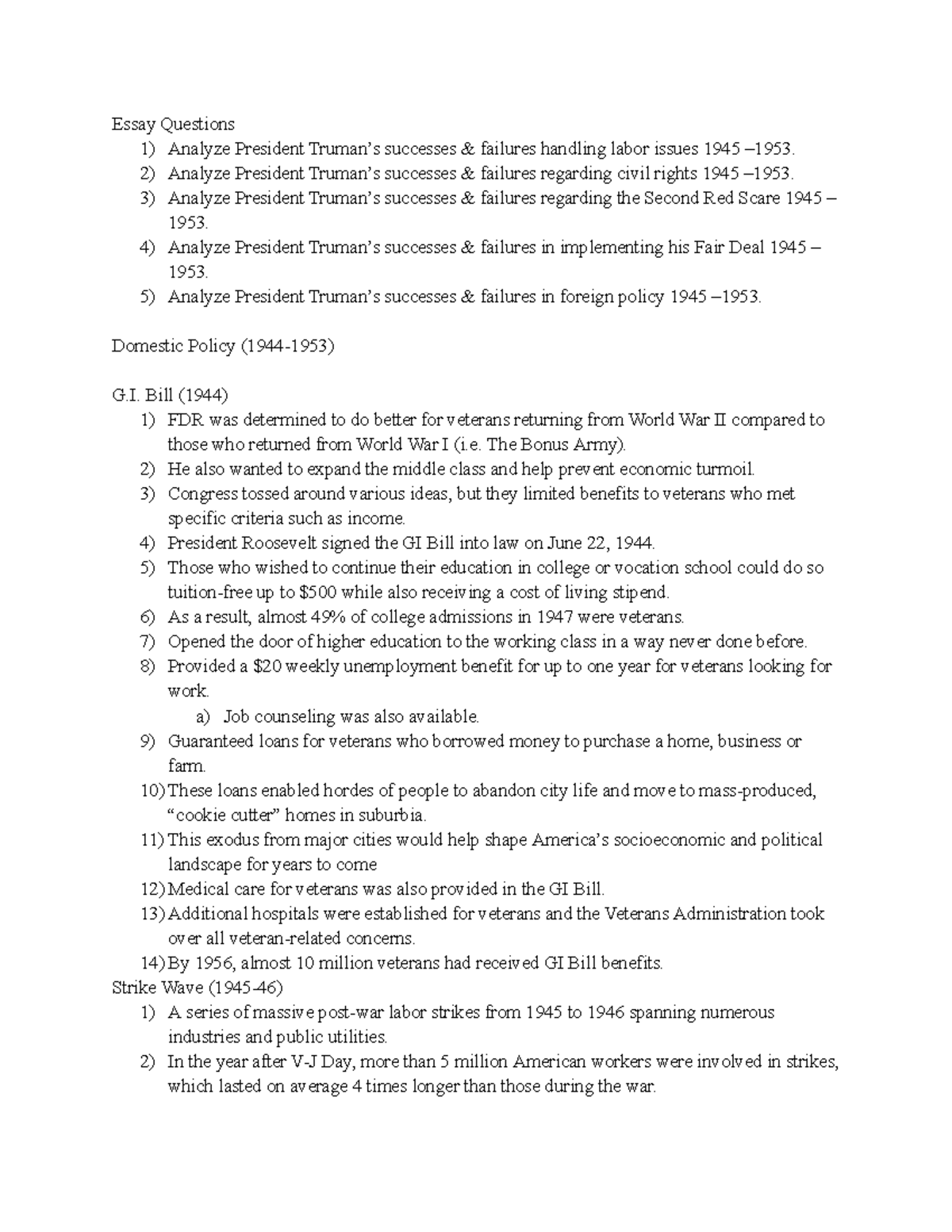 Harry S. Truman - Essay Questions 1) Analyze President Truman’s ...