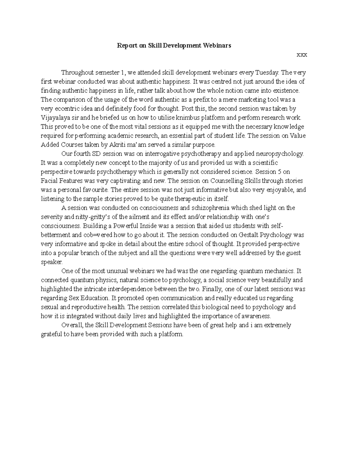 Sd report - Grade: 9.8 - Report on Skill Development Webinars xxx ...