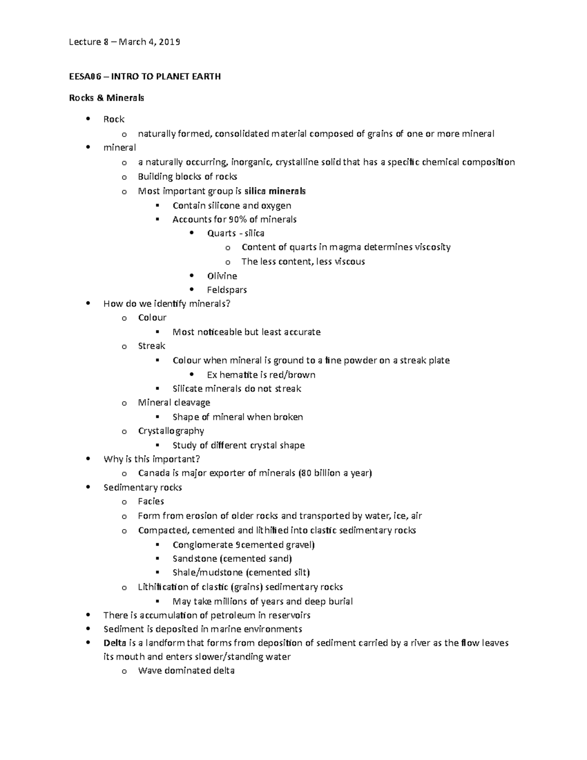 Lecture 8 Rocks Minerals - Lecture 8 – March 4, 2019 EESA06 – INTRO TO ...