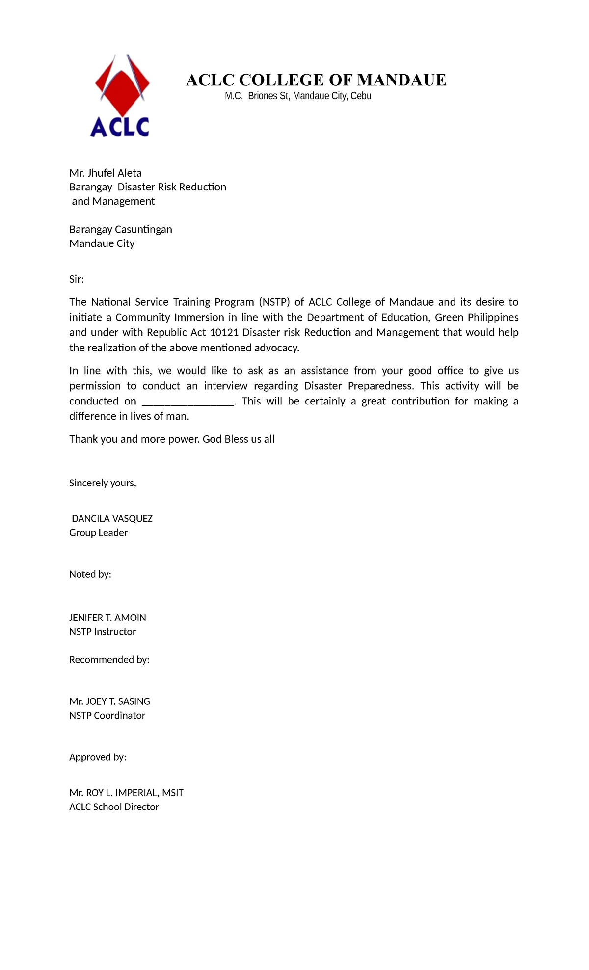 NSTP-Letter - A LETTER FO NSTP IN CONDUCTING INTERVIEW - ACLC COLLEGE ...