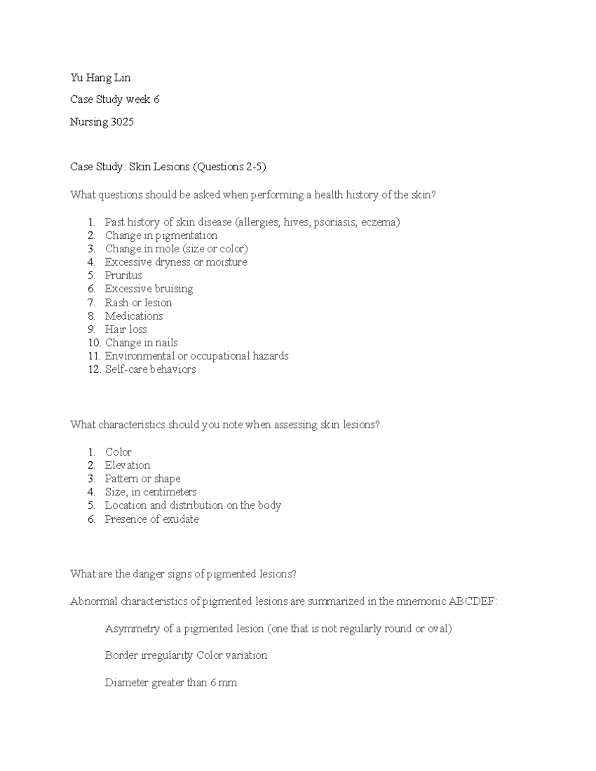 Case Study week 6 - assessment - Yu Hang Lin Case Study week 6 Nursing ...