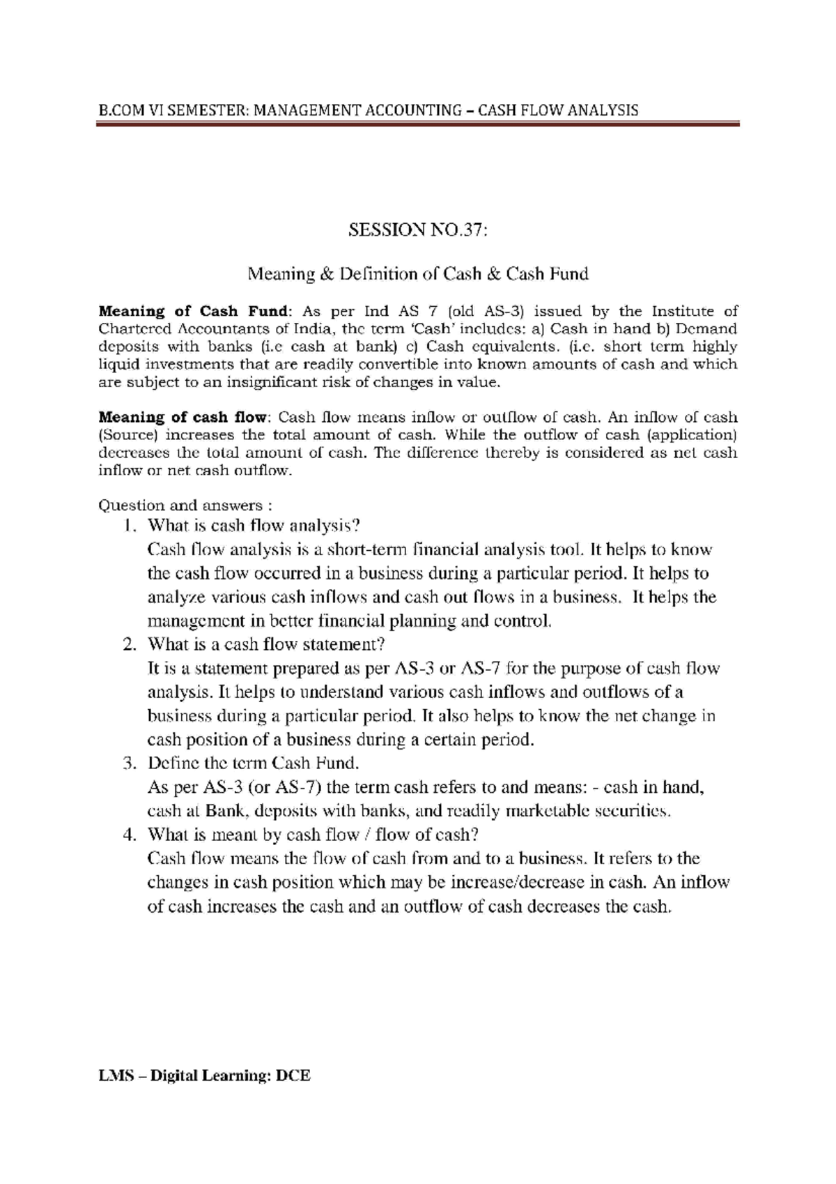 M.A - Cash flow - notes - B.Com - Studocu