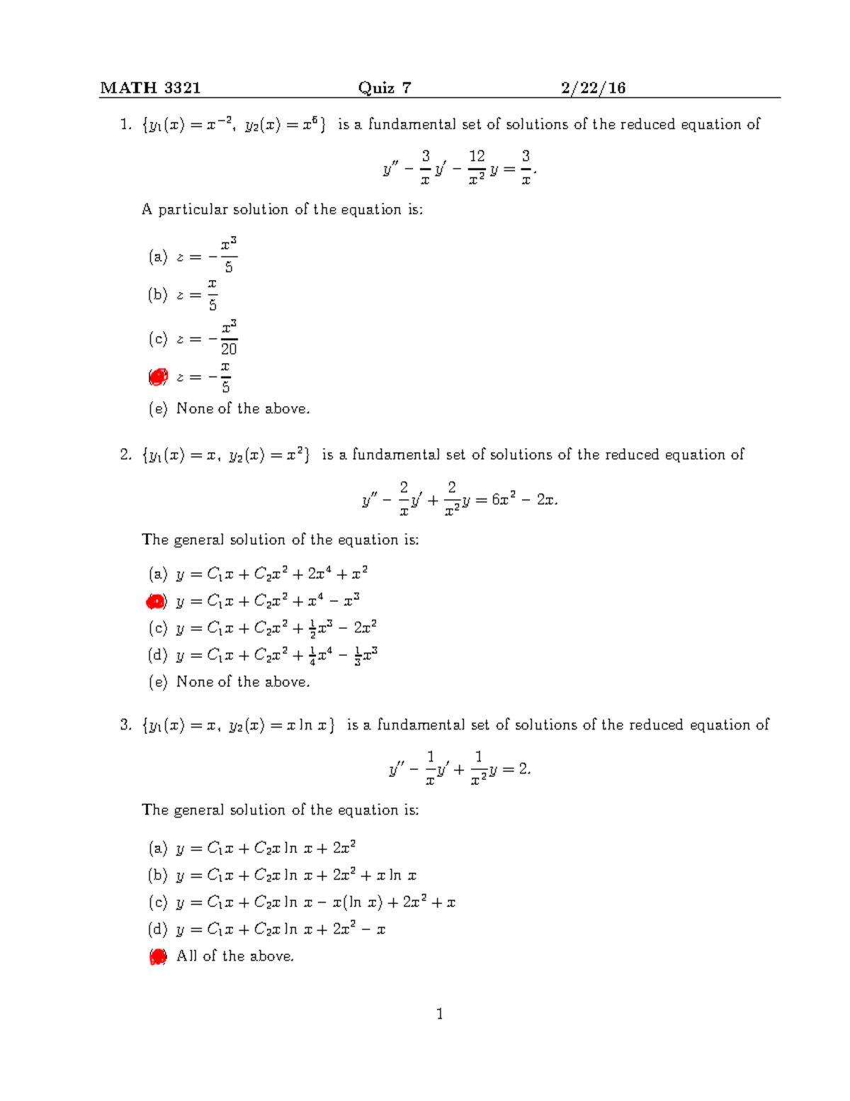 EMCF-7-Sp16 - EMCF 7 - MATH 3321 Quiz 7 1. y2(x) x6 is a fundamental ...