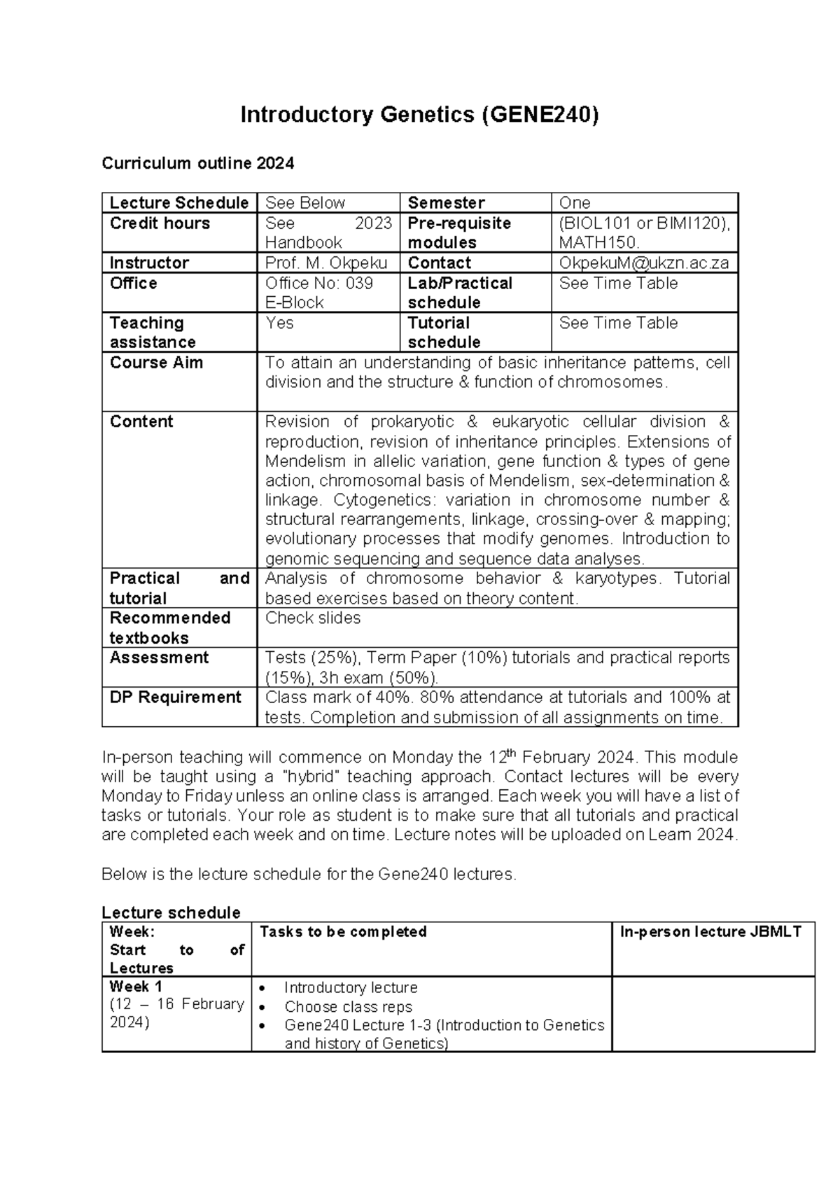 0. GENE240 Module Plan 2024 - Introductory Genetics (GENE240 ...