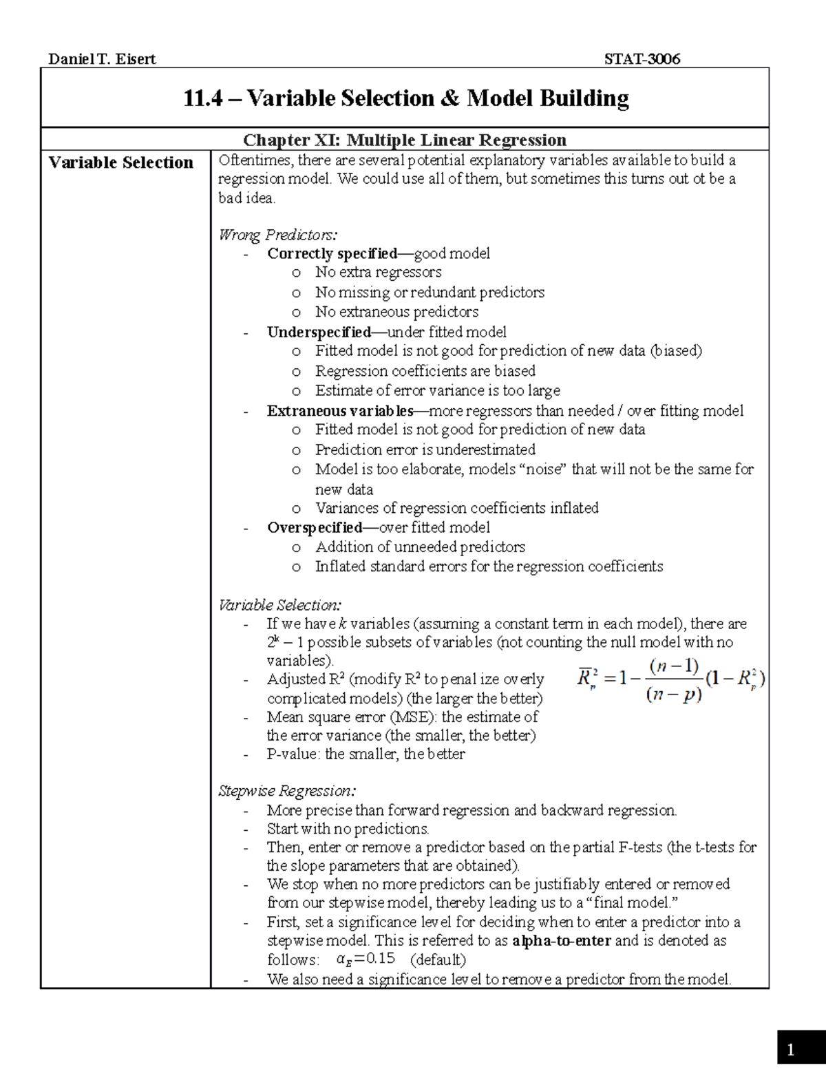 STAT-3006 - Notes - 11-4 - Variable Selection and Model Building - 1 ...