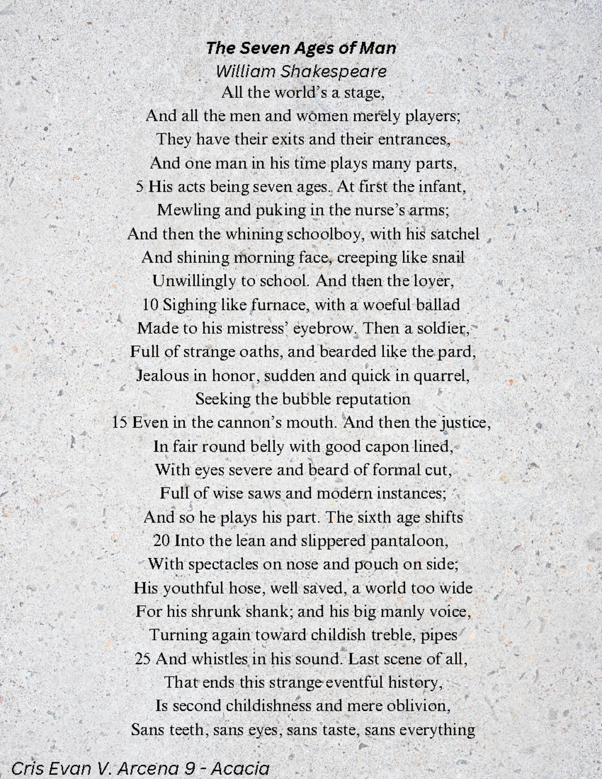 The Seven Ages of Man William Shakespeare All the world’s a stage, And ...