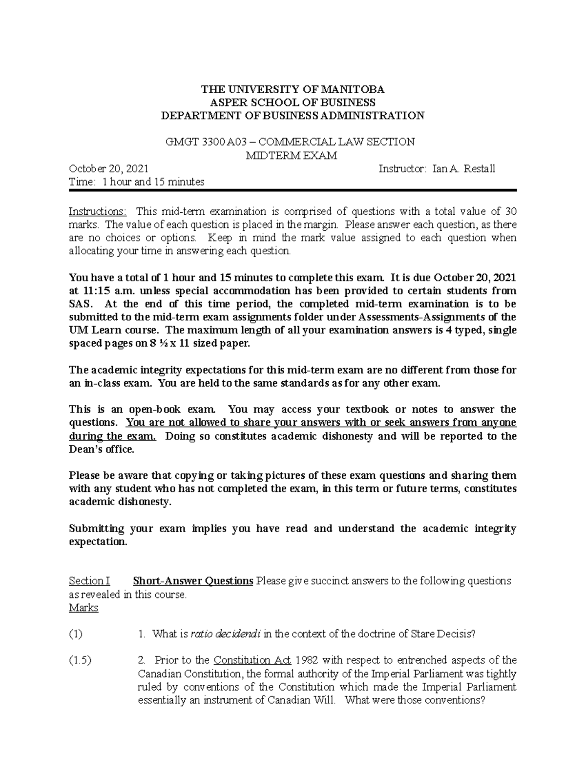 GMGT330 Mid Term Exam October 20 2021 A03 ian restall - GMGT 3300 - U ...