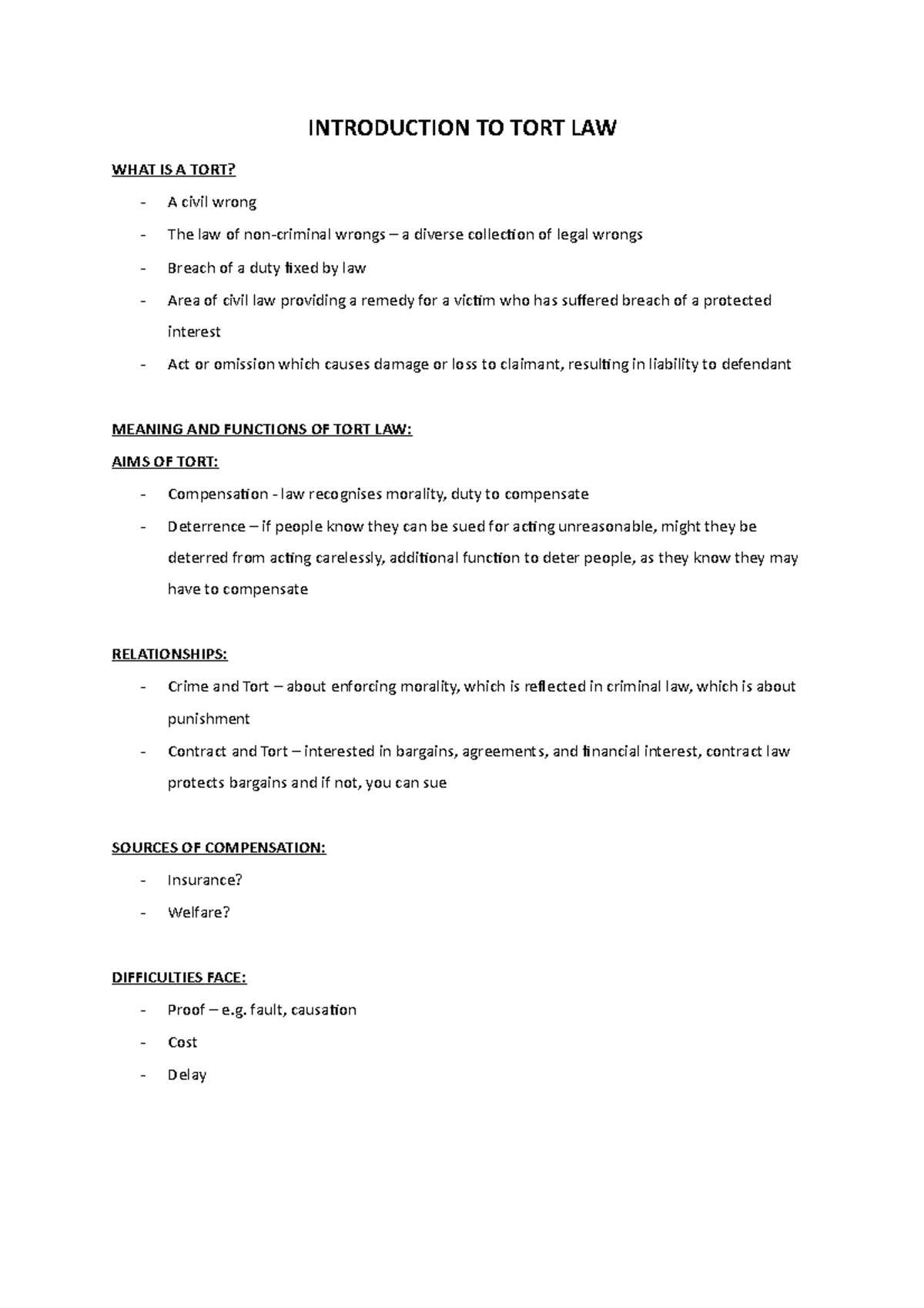 1. Introduction TO TORT LAW - INTRODUCTION TO TORT LAW WHAT IS A TORT ...