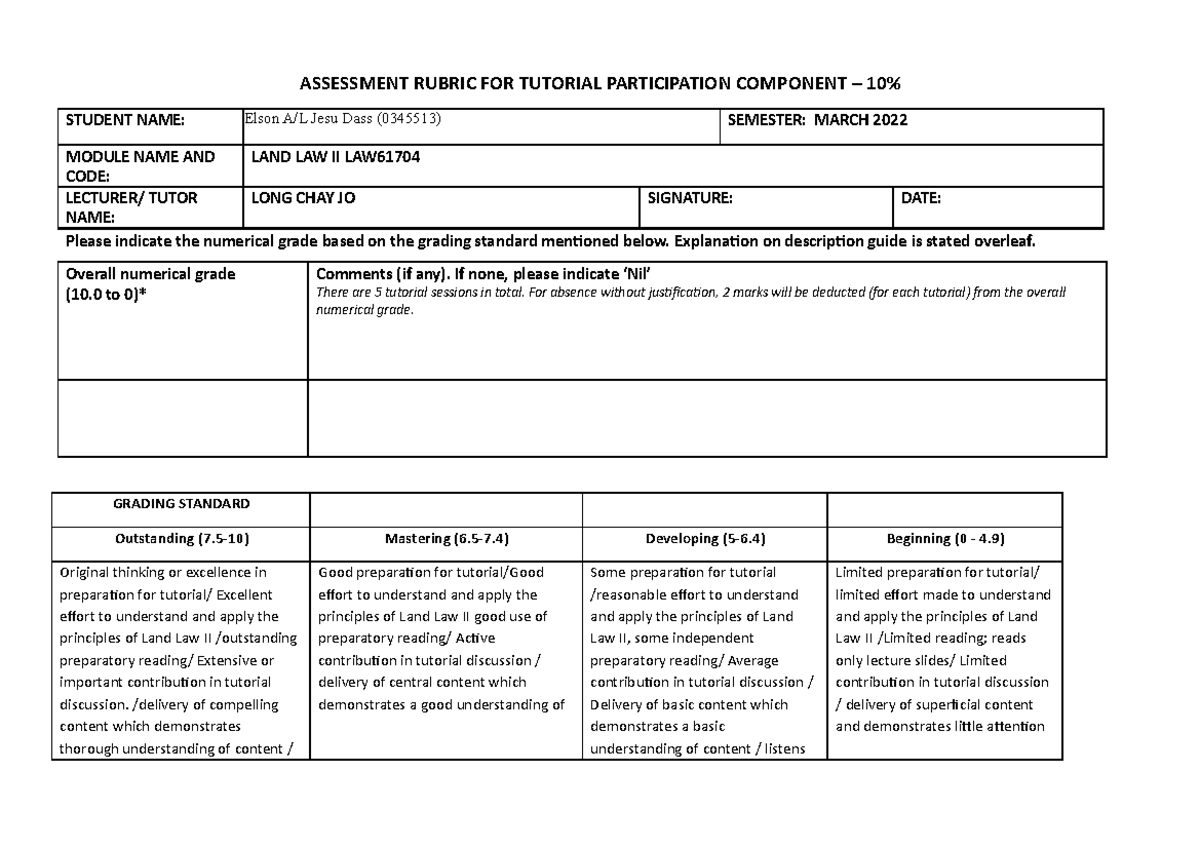 Tutorial Participation Land Law - ASSESSMENT RUBRIC FOR TUTORIAL ...