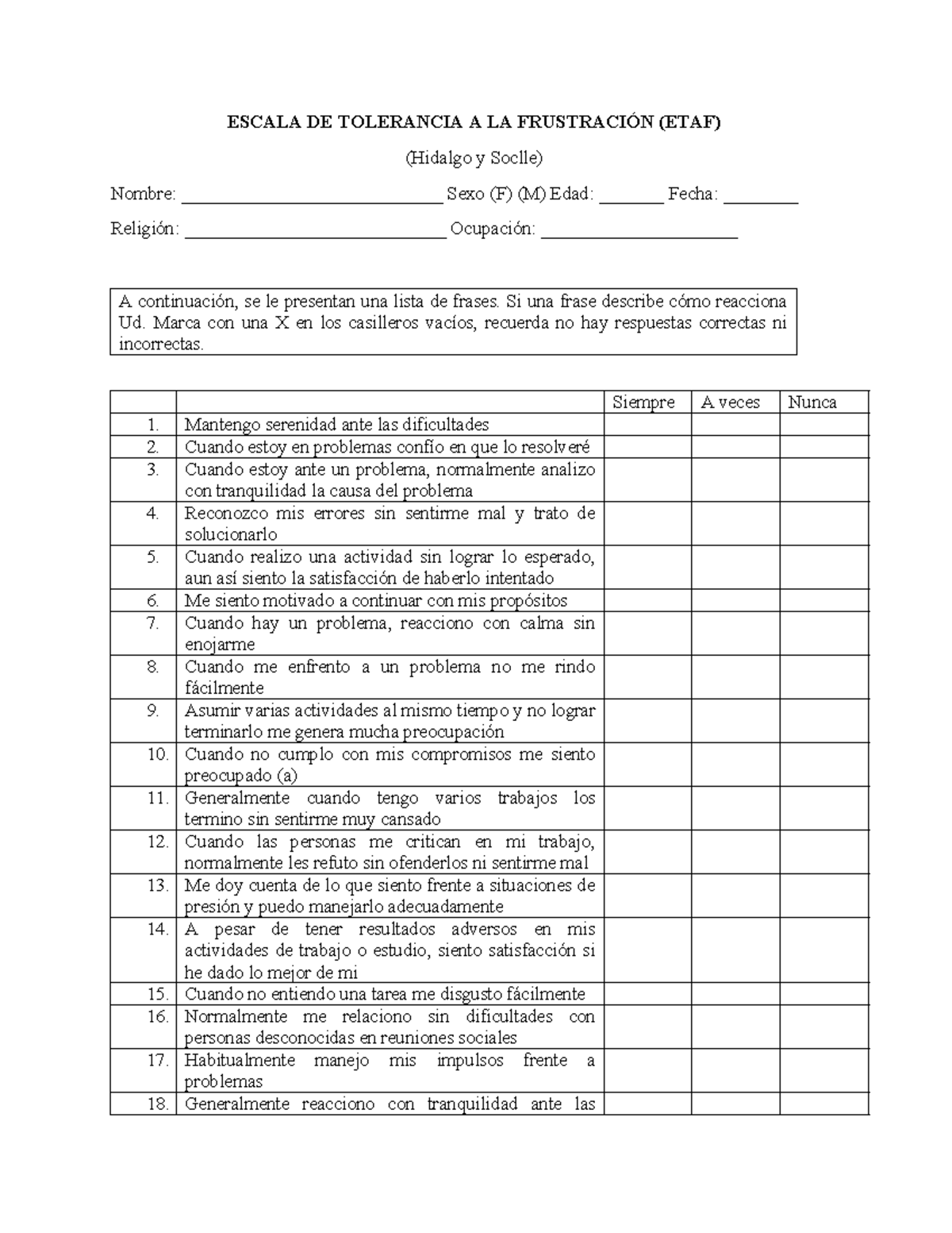 Escala de tolerancia a la frustración - ESCALA DE TOLERANCIA A LA FRUSTRACIÓN (ETAF) (Hidalgo y ...