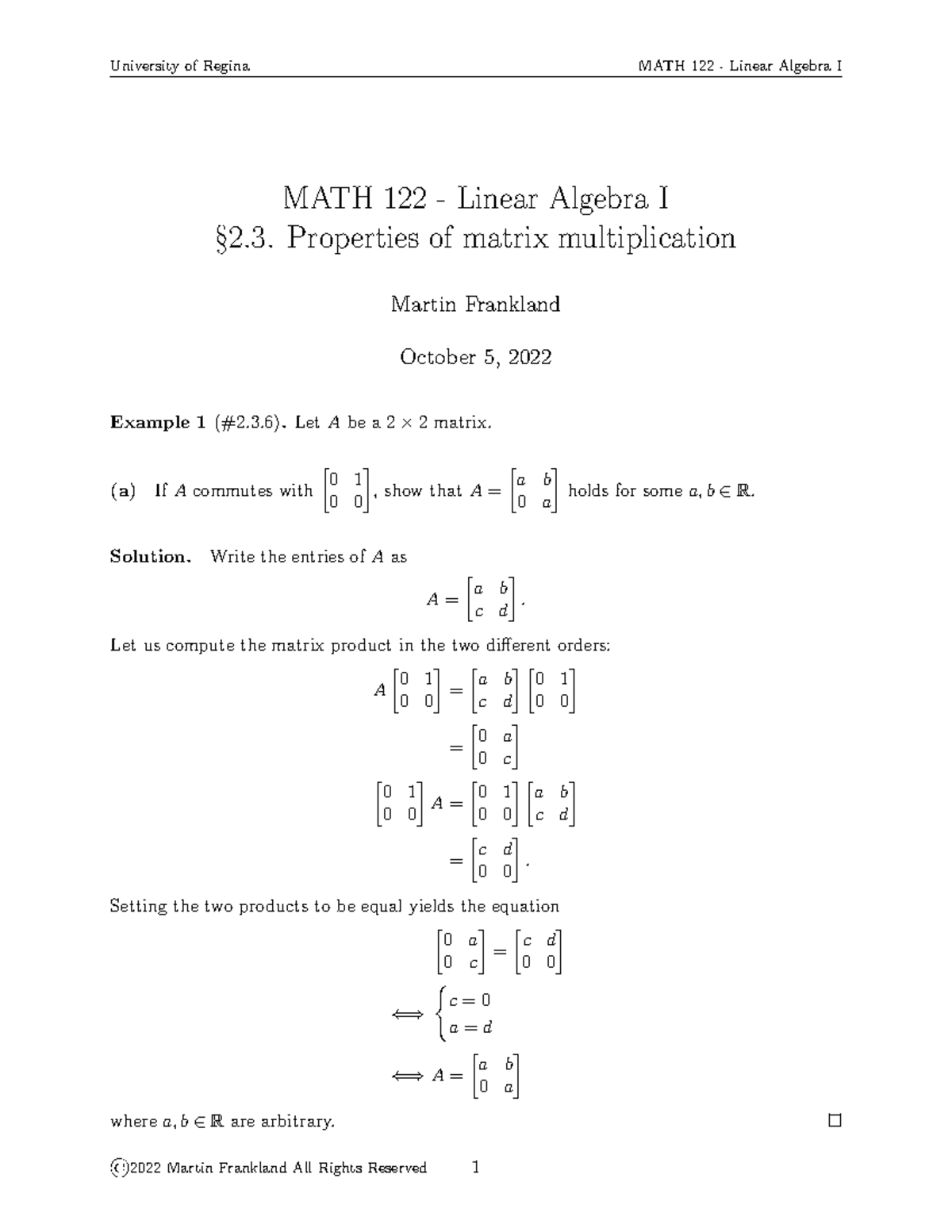 Math122 2-3 Matrix Multiplication 2 - University of Regina MATH 122 ...