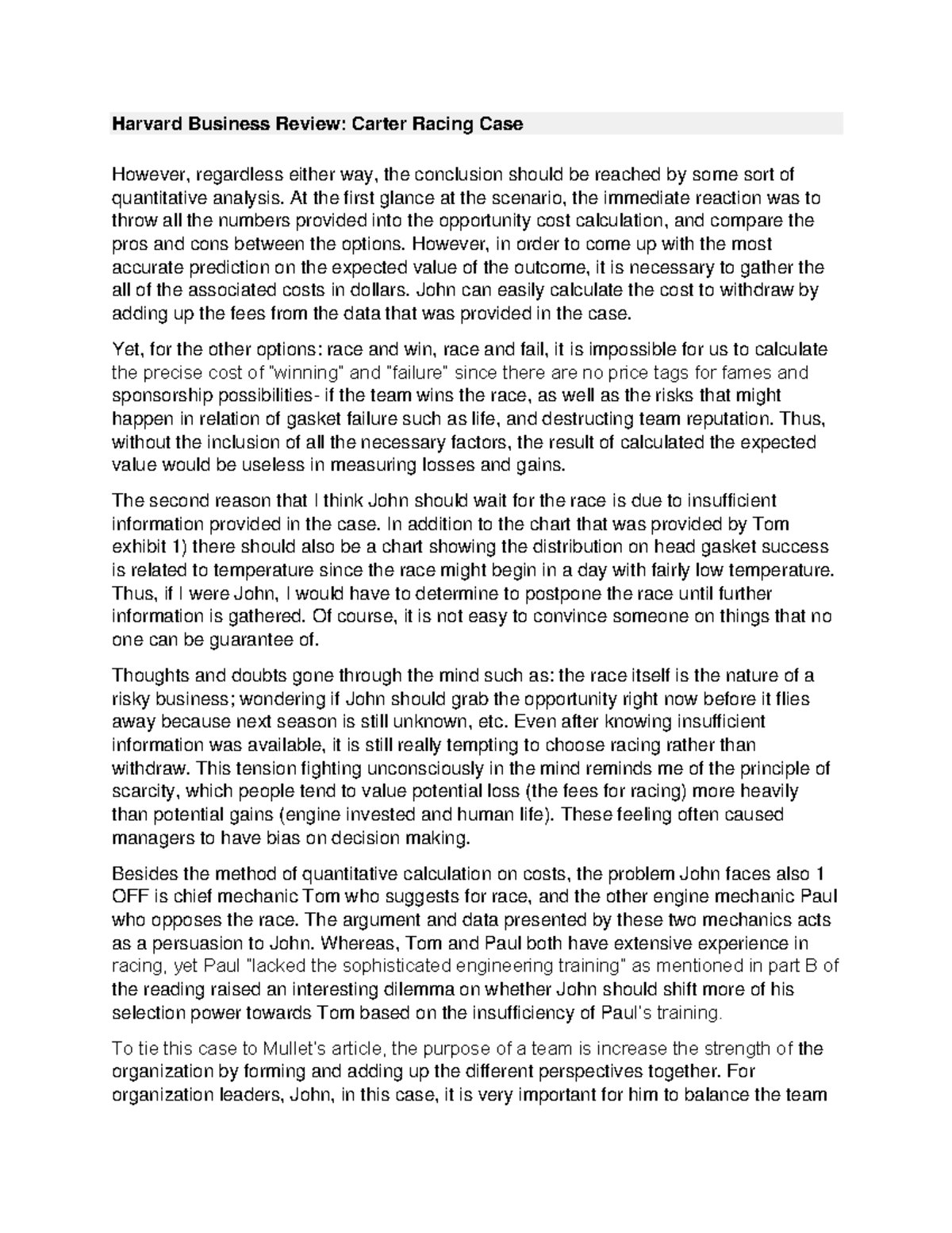 Harvard Business Review-Carter Racing - Harvard Business Review: Carter ...