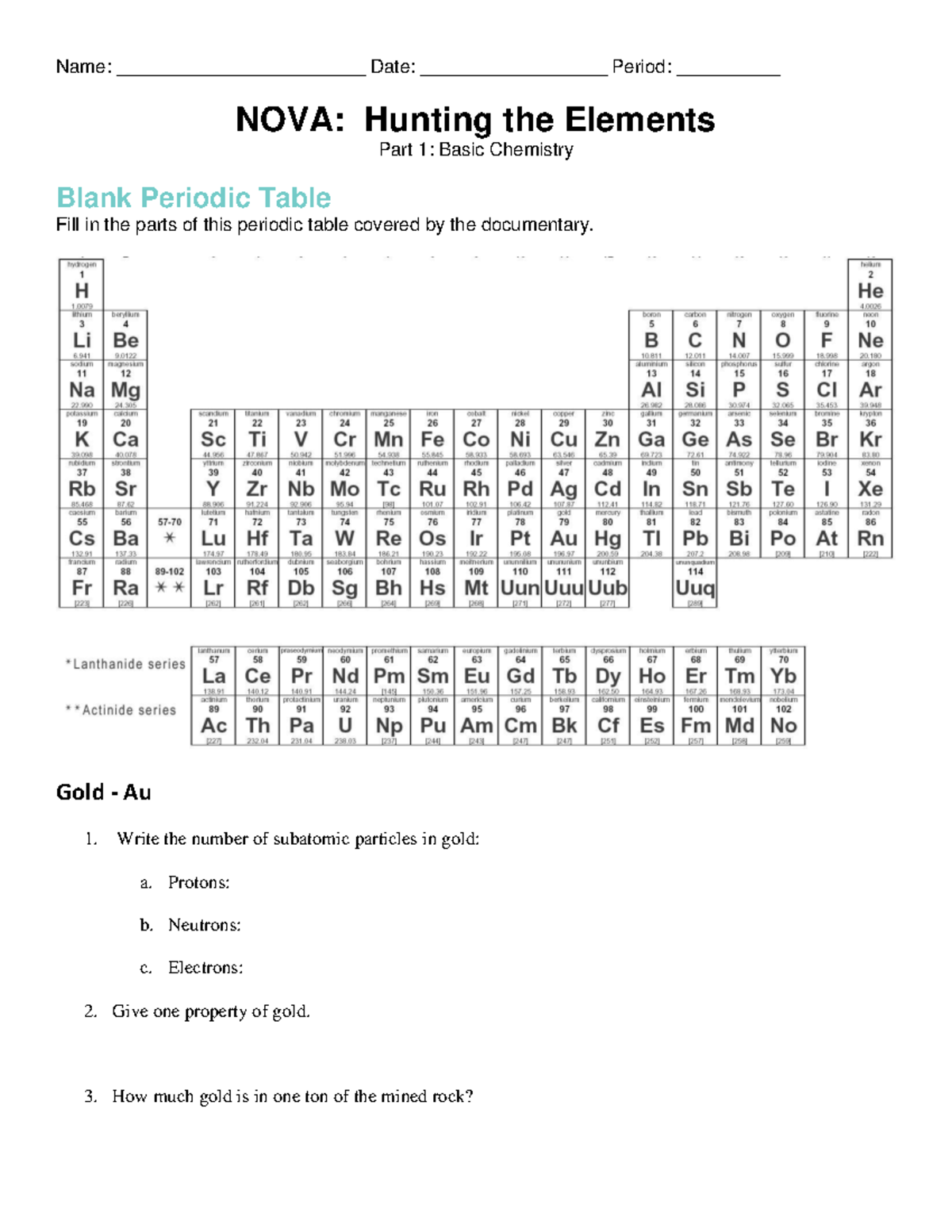 Hunting the Elements worksheet - Name: ________________________ Date ...