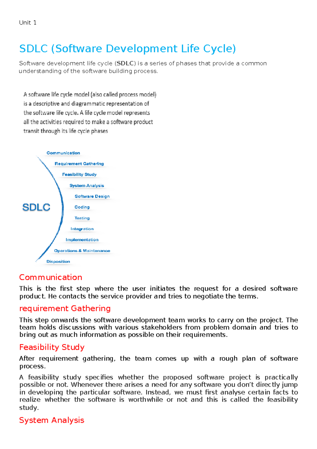 Unit 1 - unit 1 - Unit 1 SDLC (Software Development Life Cycle ...