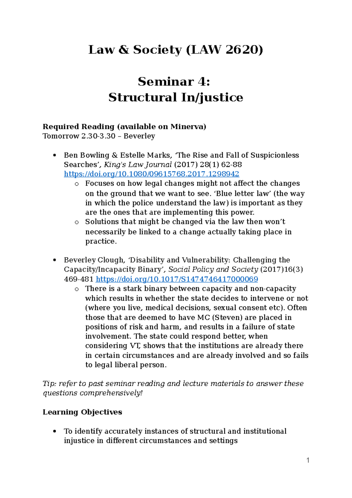 Law Society seminar 4 - Law & Society (LAW 2620) Seminar 4: Structural ...