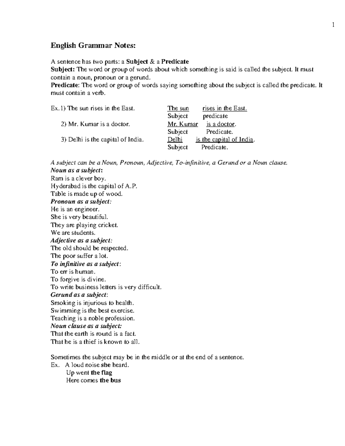 Grammar Notes English Grammar Notes A Sentence Has Two Parts A