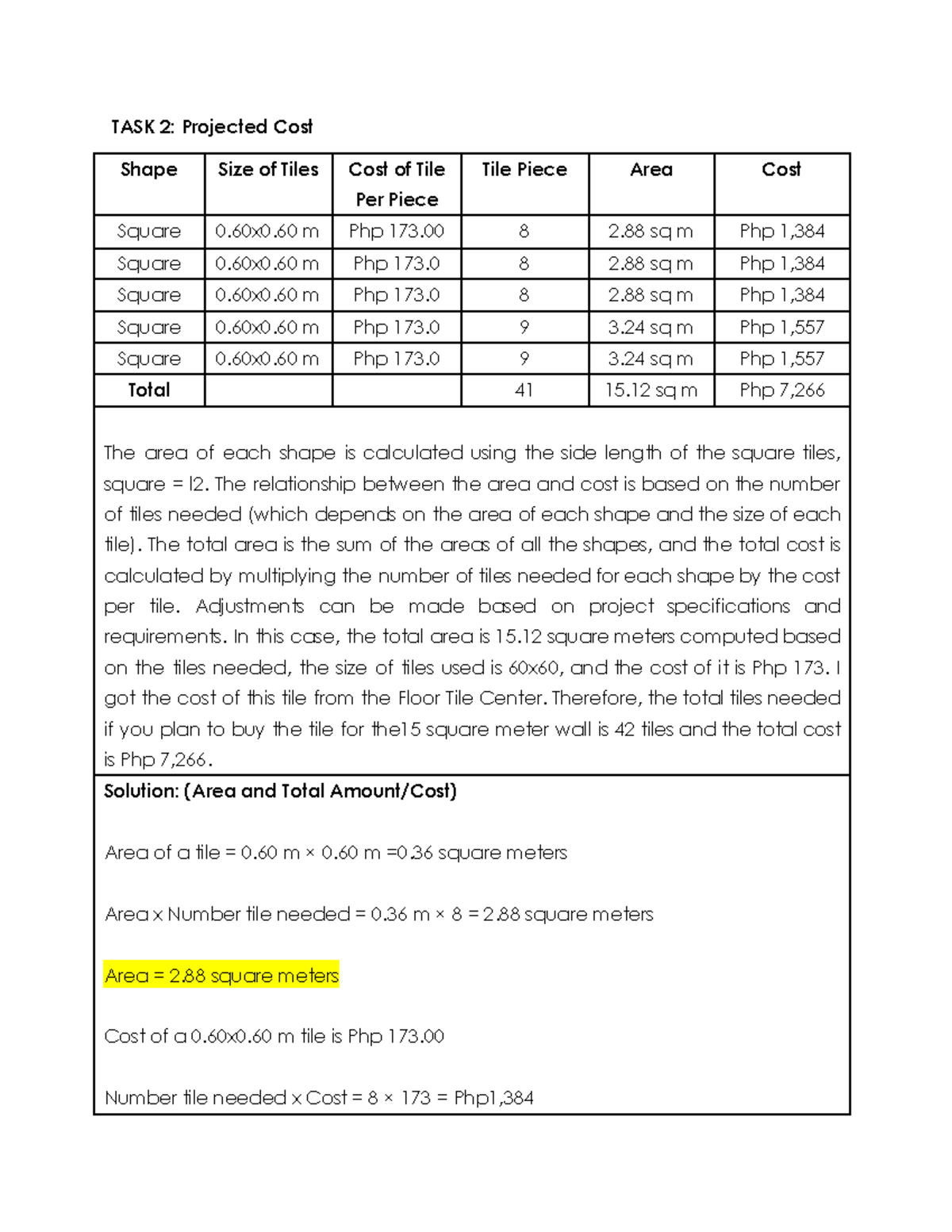 Projected Cost - TASK 2: Projected Cost Shape Size of Tiles Cost of ...