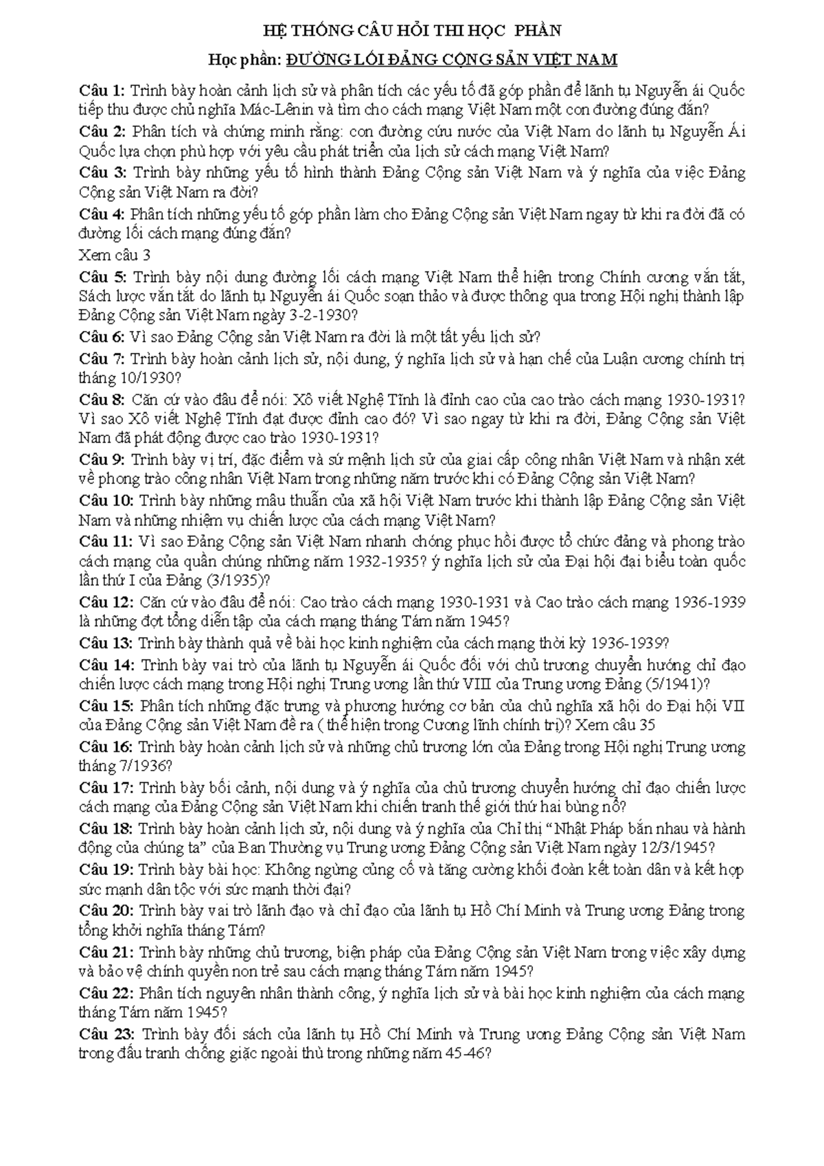 196 cau hoi dap duong loi dang cong san viet nam - HỆ THỐNG CÂU HỎI THI ...