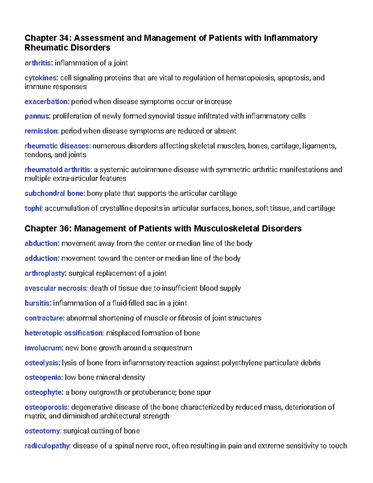 MS Exam 3 Key terms - Summary Med Surg - Chapter 34: Assessment and ...