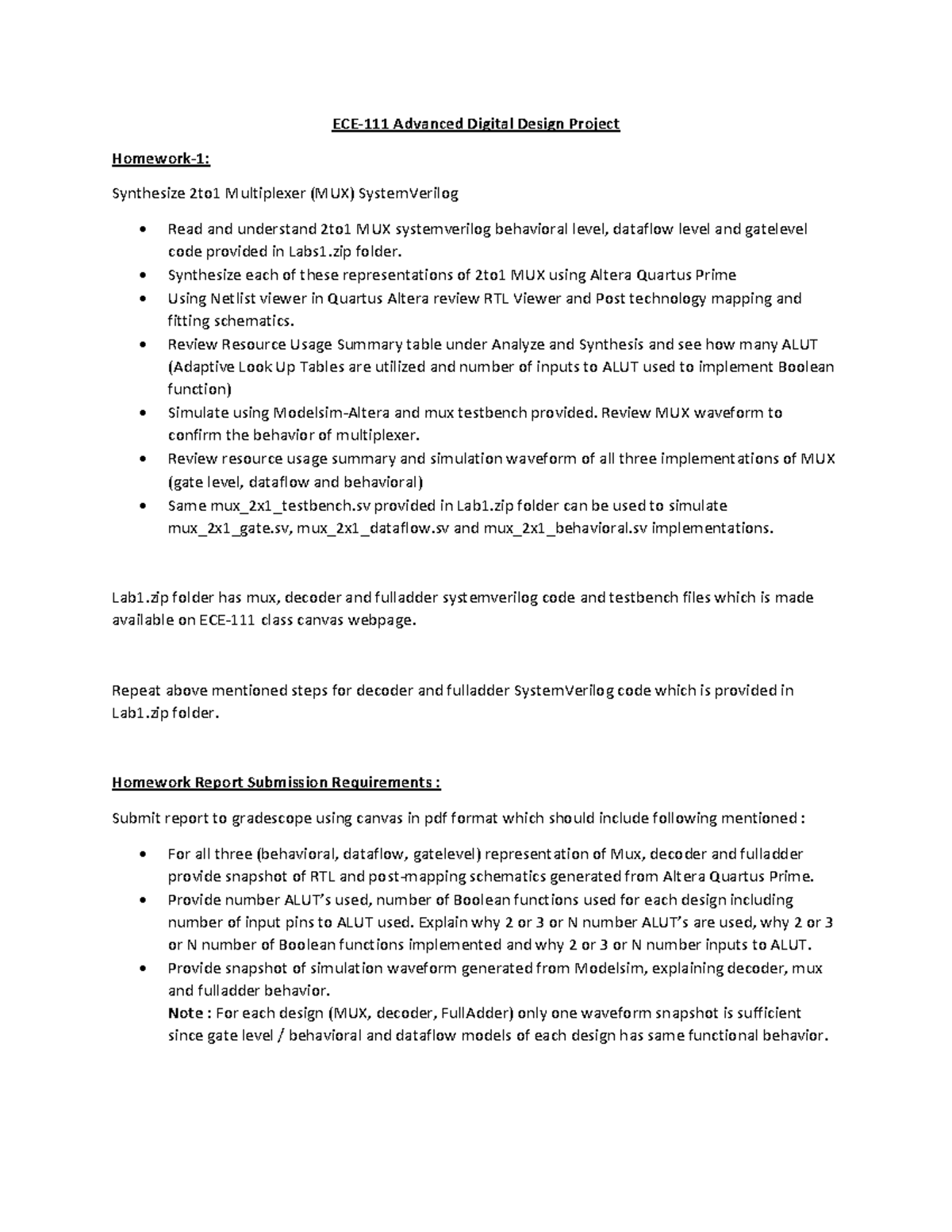 Homework 1 - ECE- 111 Advanced Digital Design Project Homework-1 ...