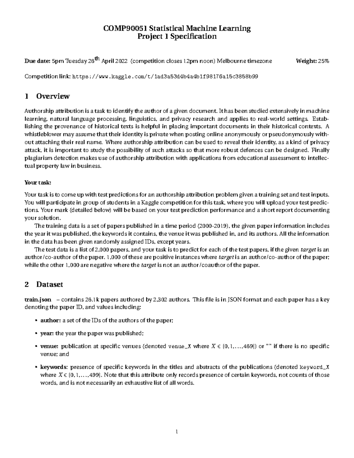Project Spec - naaaaaa - COMP90051 Statistical Machine Learning Project 1 Specification Due date ...