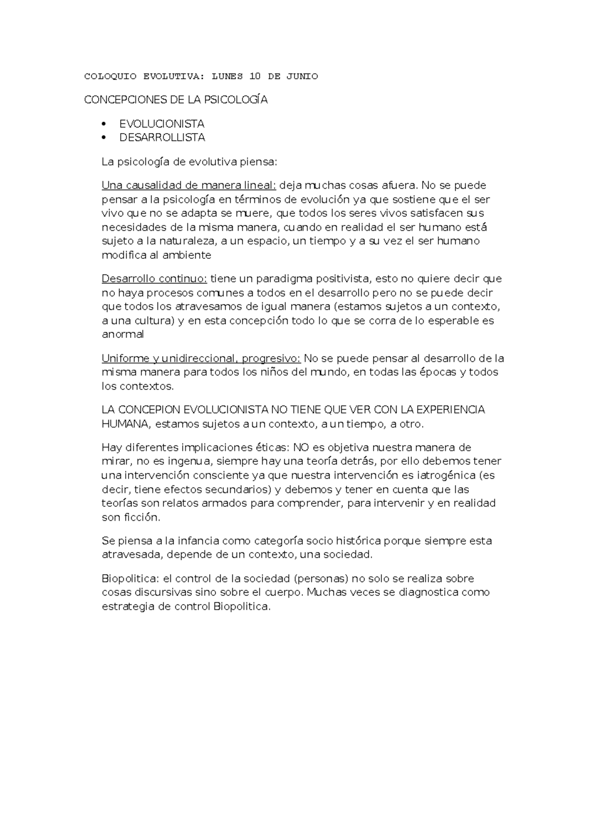 Coloquio Evolutiva-1 - COLOQUIO EVOLUTIVA: LUNES 10 DE JUNIO CONCEPCIONES DE LA PSICOLOGÍA - Studocu