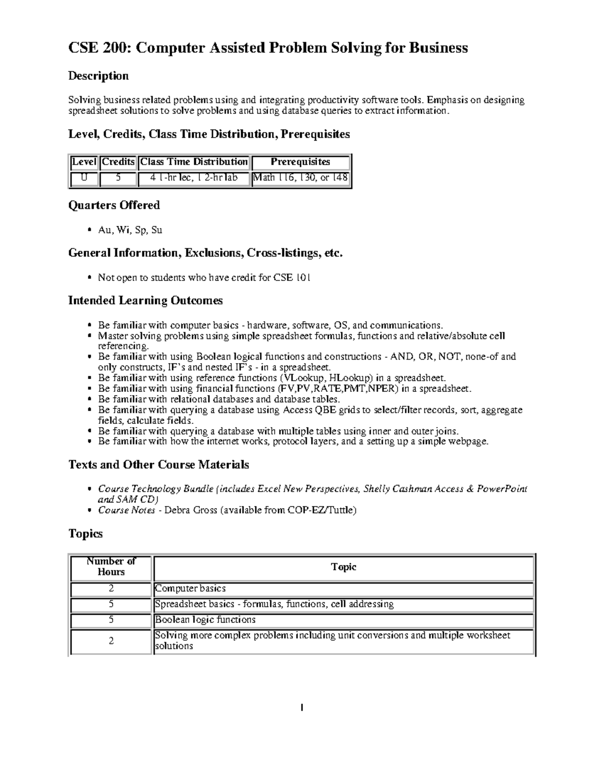 CSE 200 - Summary Computer Assisted Problem Solving For Business - 1 of 2 12/24/06 04:21 PM CSE ...