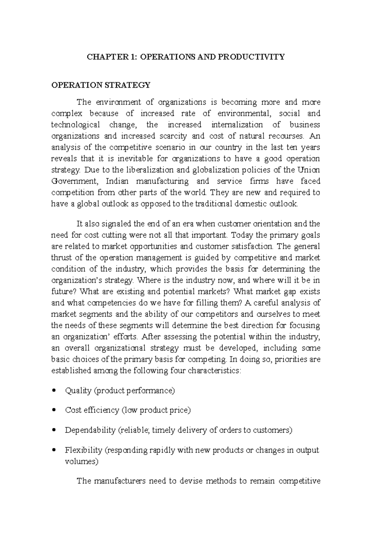 CHAPTER 1 OPERATIONS AND PRODUCTIVITY: Operation Strategy - CHAPTER 1: OPERATIONS AND ...