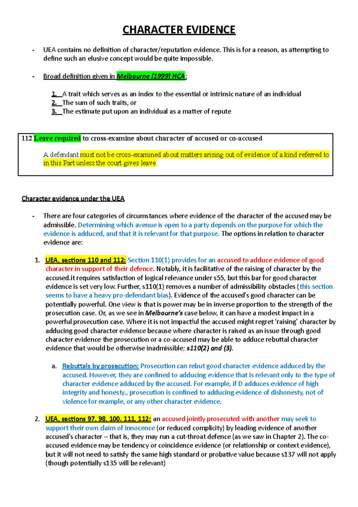 Character Evidence - notes - CHARACTER EVIDENCE UEA contains no ...