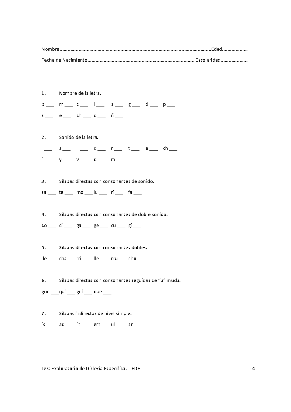 TEDE - Test Exploratorio Dislexia Específica - - Studocu