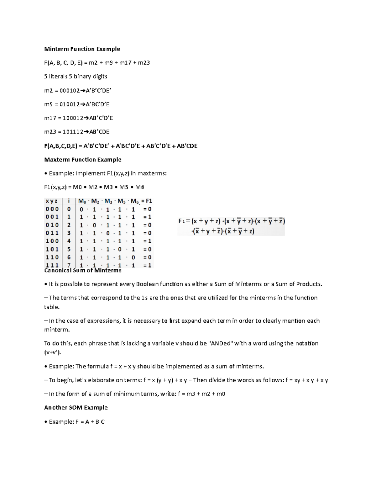 Minterm Function Example - The terms that correspond to the 1s are the ...