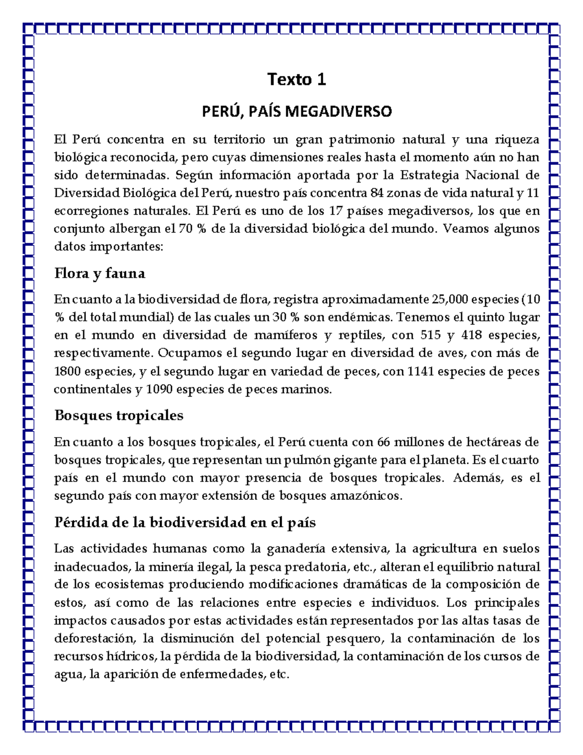 País megadiverso - Texto 1 PERÚ, PAÍS MEGADIVERSO El Perú concentra en ...