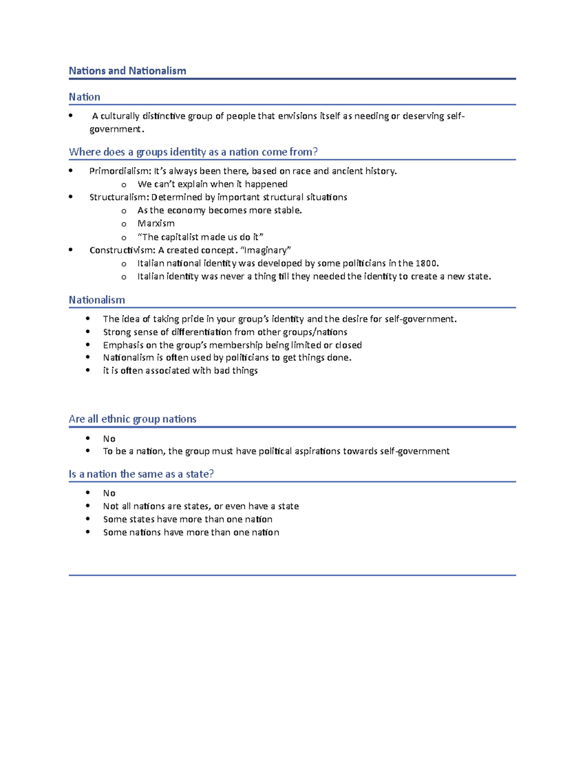 Nations and Nationalism Notes - Nations and Nationalism Nation A ...
