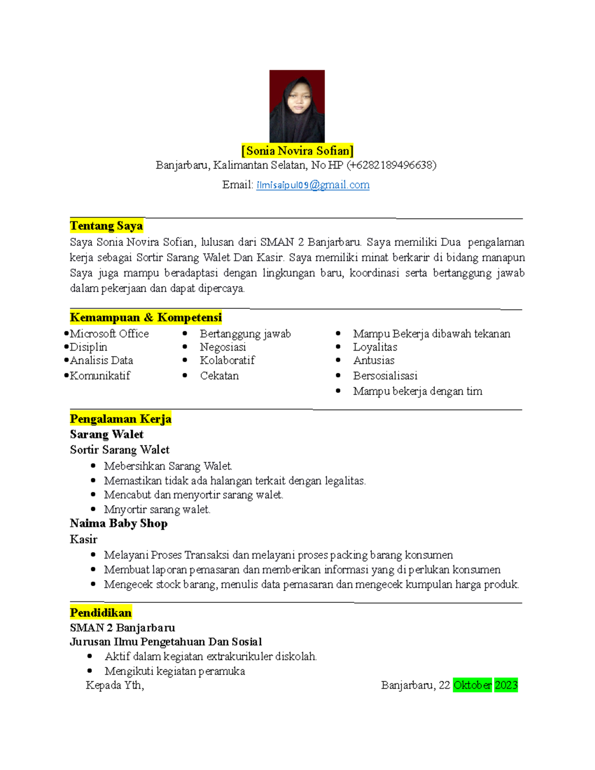 Cv sonia - lamaran kerja - [Sonia Novira Sofian] Banjarbaru, Kalimantan Selatan, No HP (+628 ...