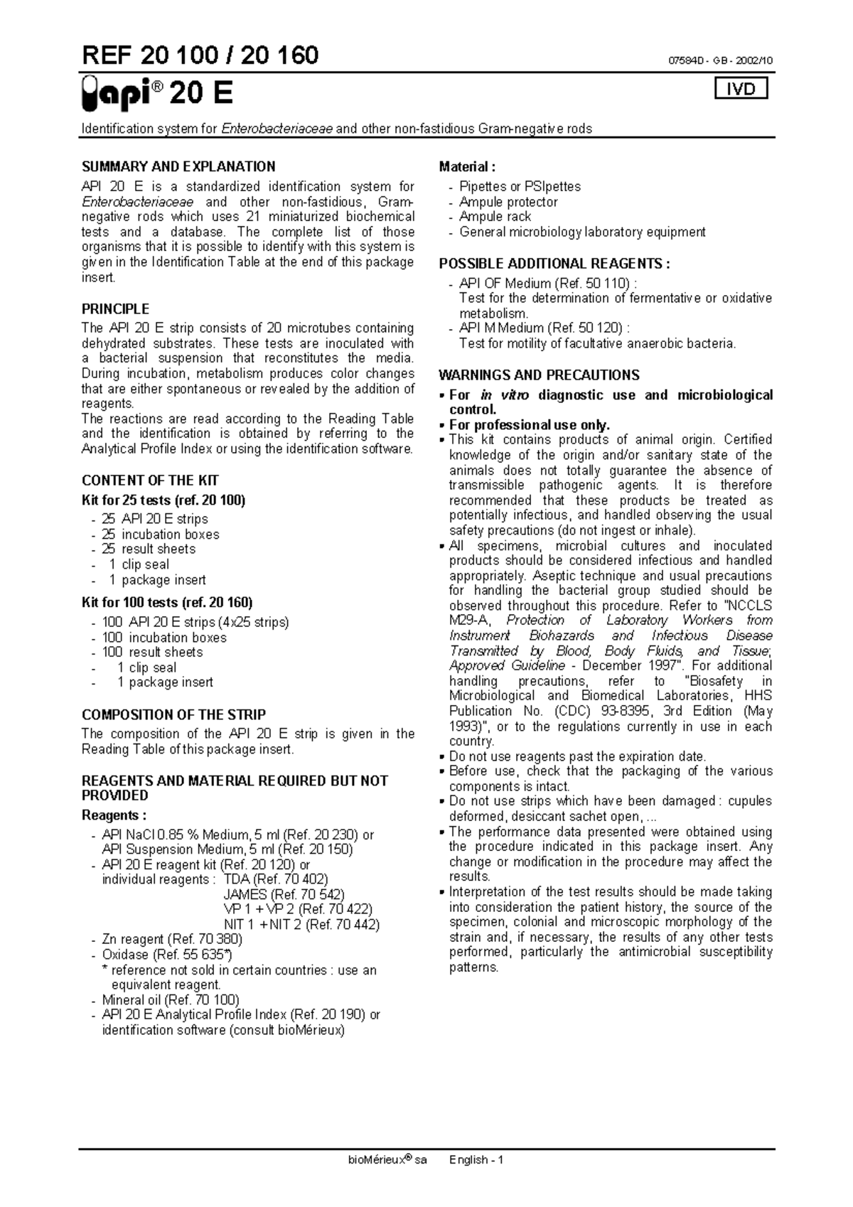 Manual API 20E REF 20 100 20 160 07584 D GB 2002 20 E