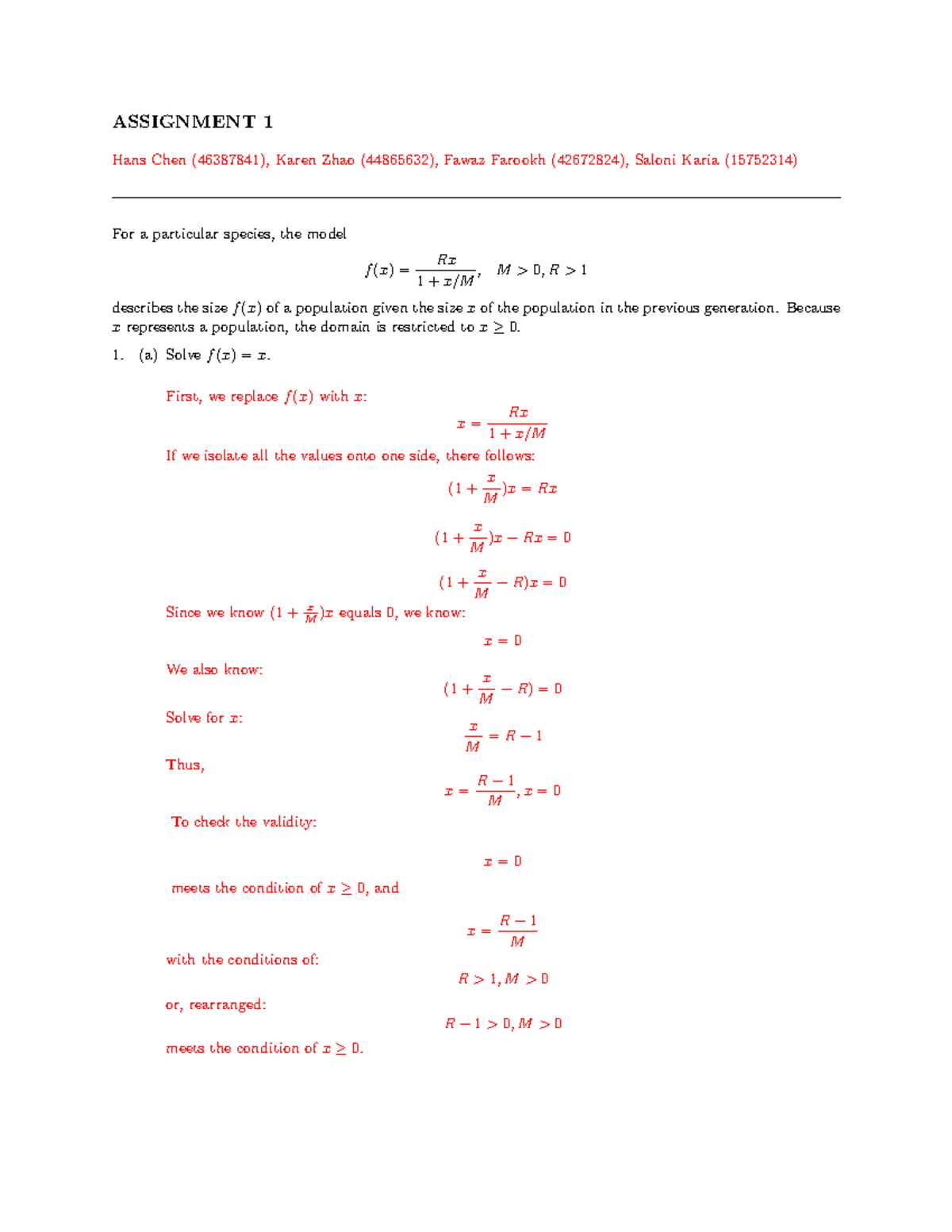 MATH 100 Assignment 1 - idk - ASSIGNMENT 1 Hans Chen (46387841), Karen Zhao (44865632), Fawaz ...