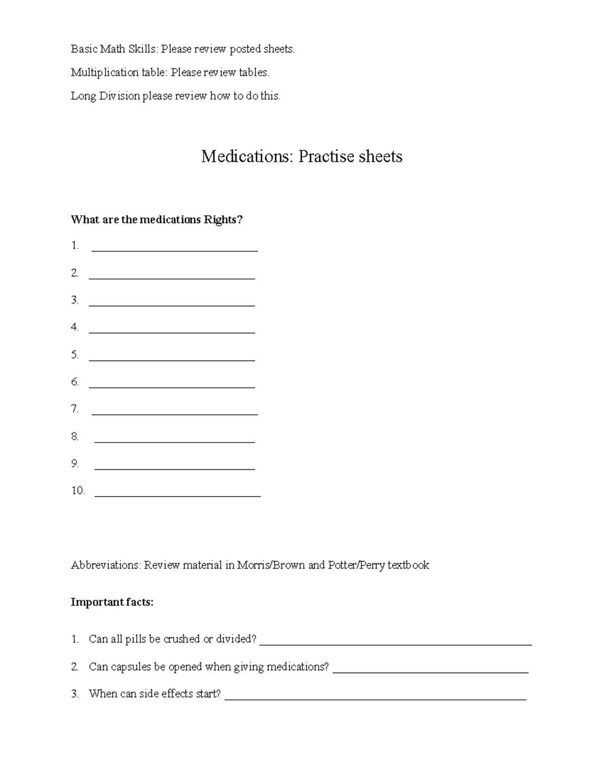 Medications Work sheets- IEPN 125 - Basic Math Skills: Please review ...