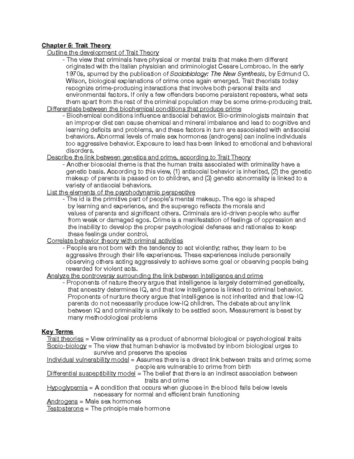 SOC 203 Chapter 5 - Good Study Material - Chapter 5: Trait Theory Outline the development of ...