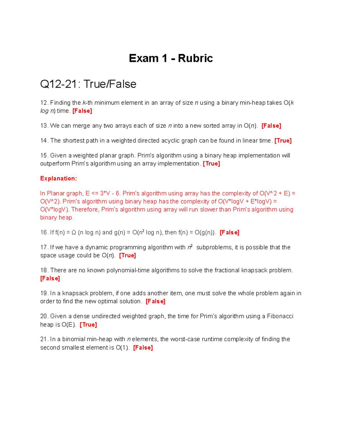 Latest Algo Exam Papers - Exam 1 - Rubric Q12-21: True/False 12 ...