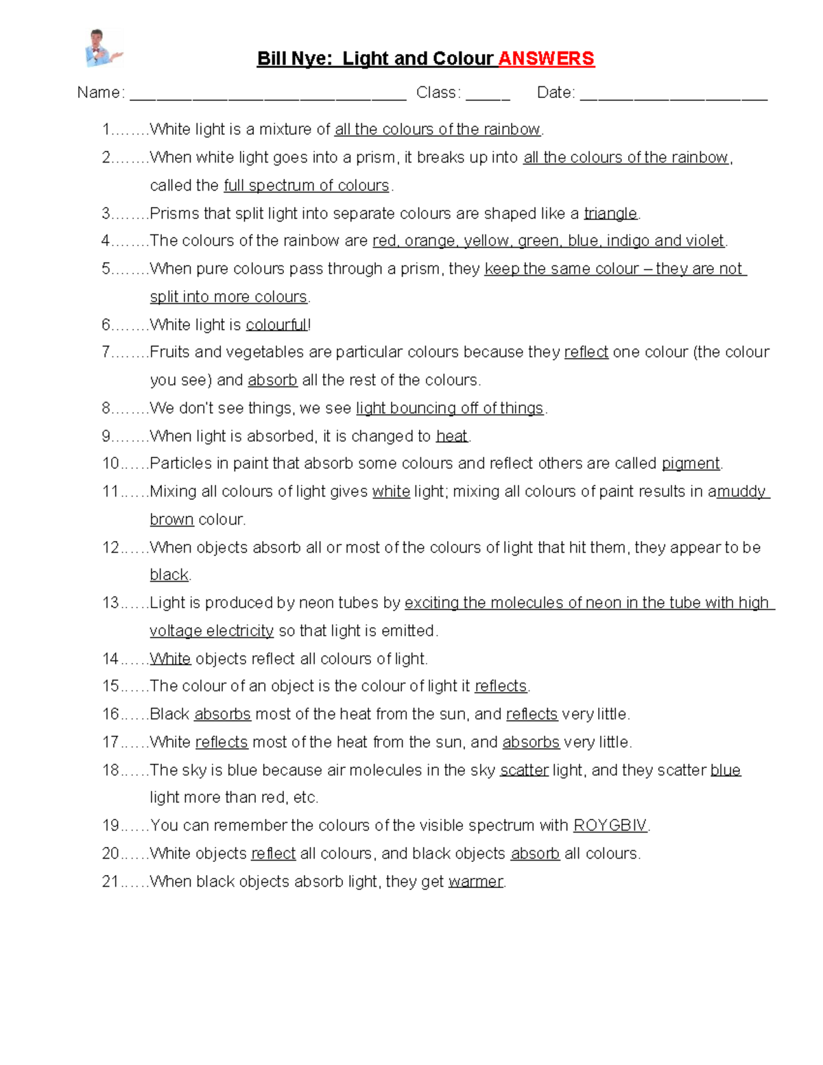 Bill Nye Light + Colour Answers - Bill Nye: Light and Colour ANSWERS ...