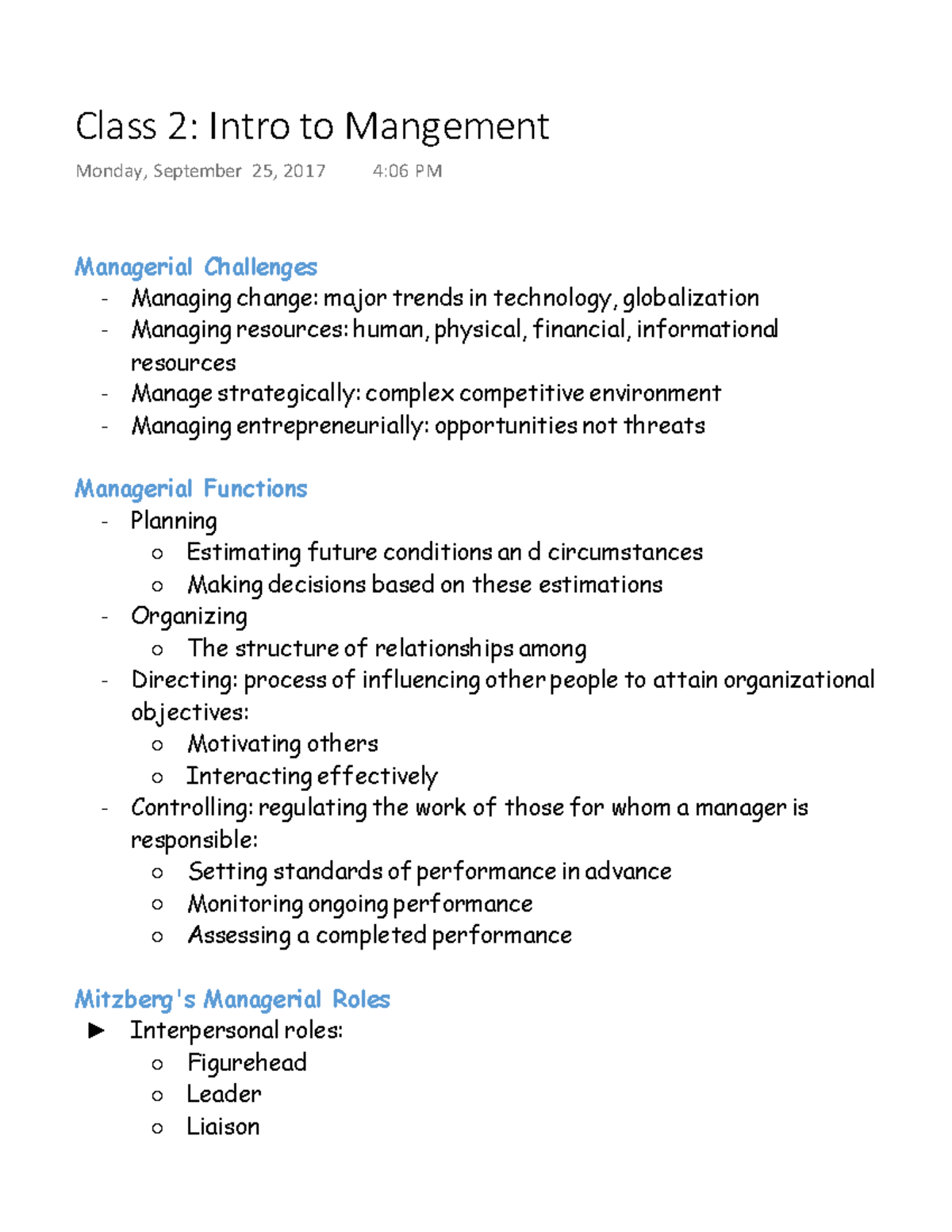 Class 2 Intro to Mangement - Class 2: Intro to Mangement Monday ...