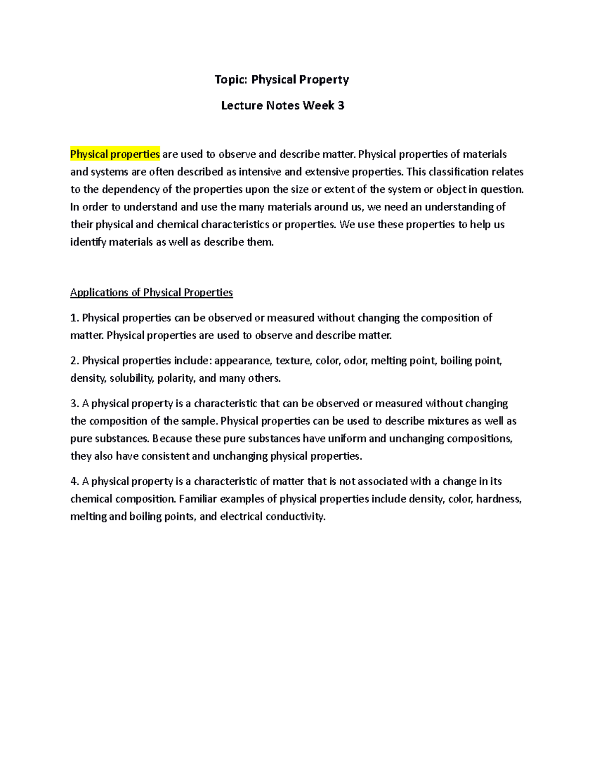 Physical property 2 - Topic: Physical Property Lecture Notes Week 3 ...