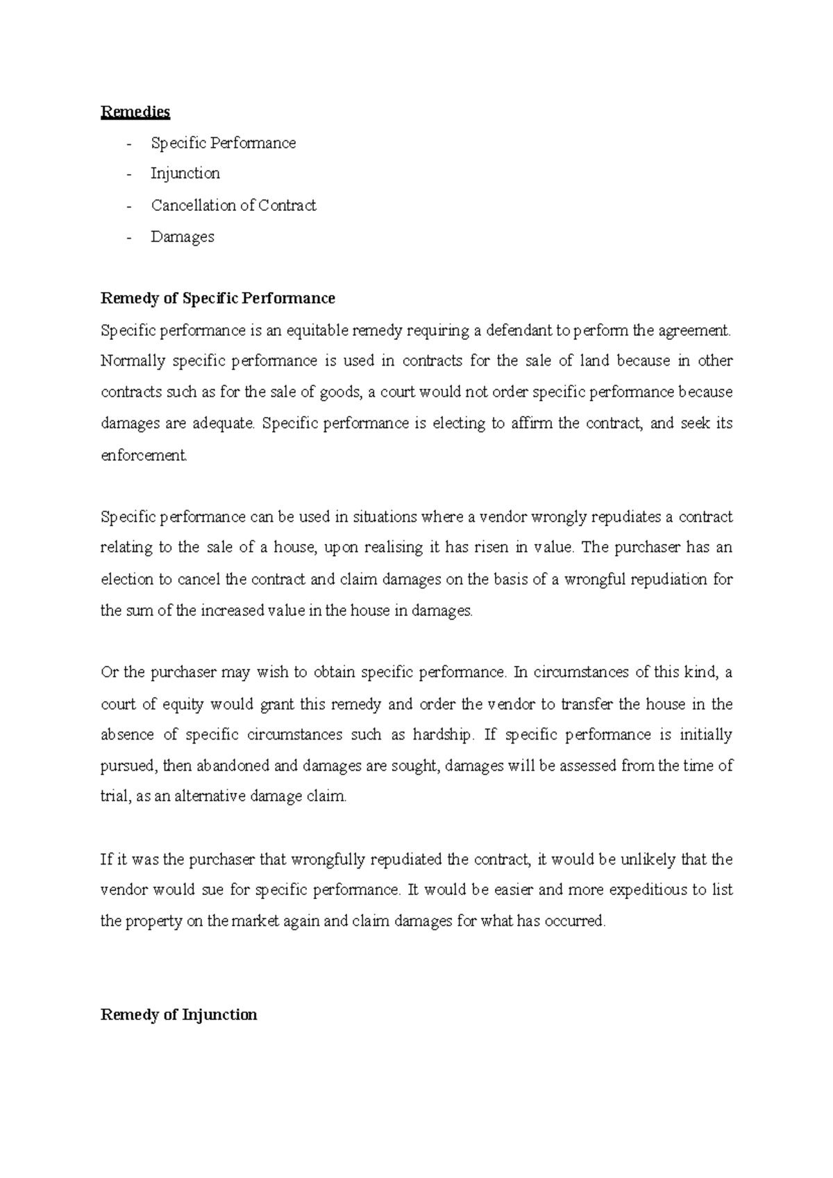 Damages Notes for Exam - Remedies - Specific Performance - Injunction ...