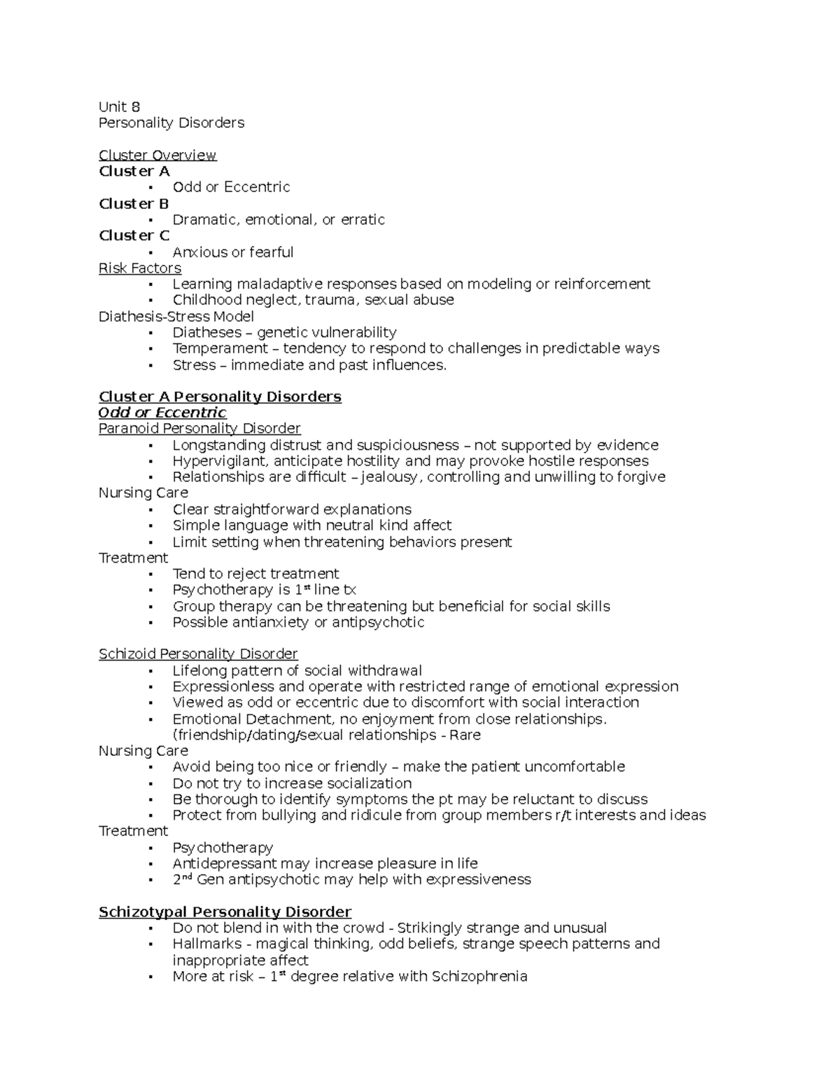Unit 8 Mental Health - unit 8 notes - Unit 8 Personality Disorders ...