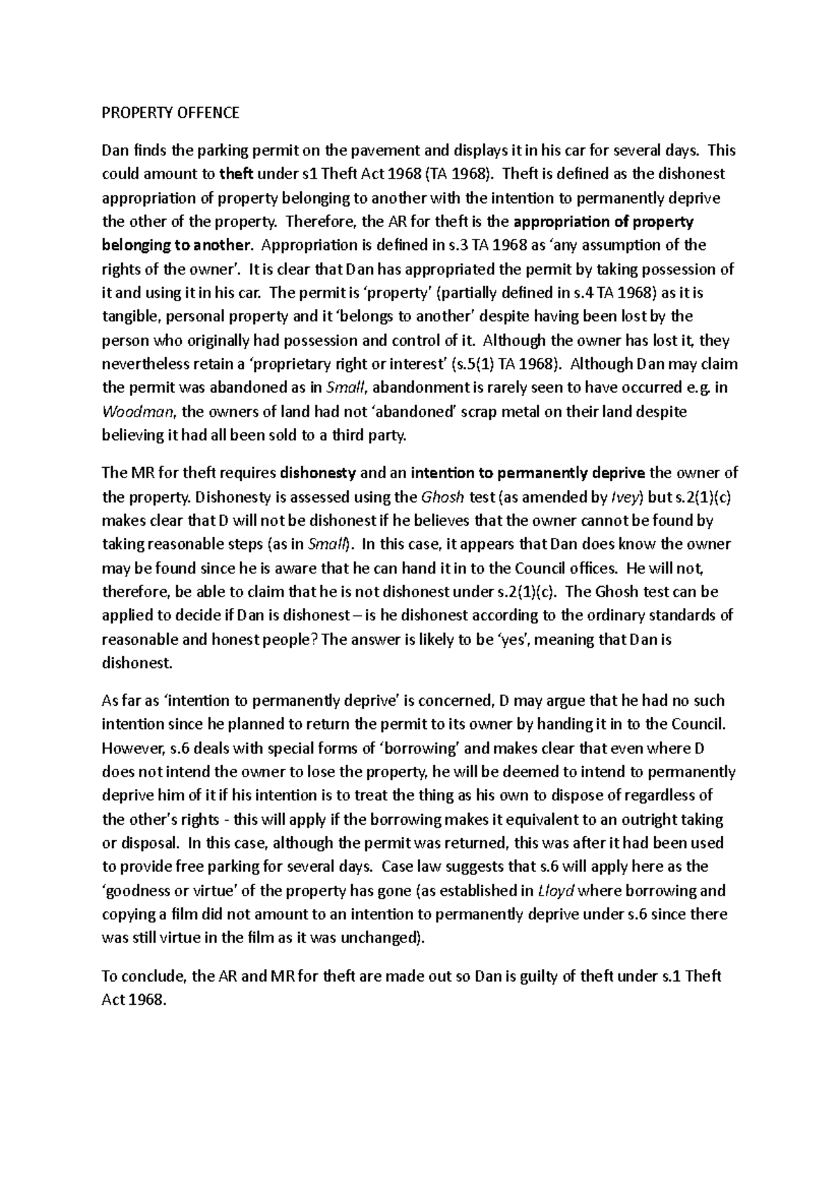 Property offences sample answer (Dan) - PROPERTY OFFENCE Dan finds the ...