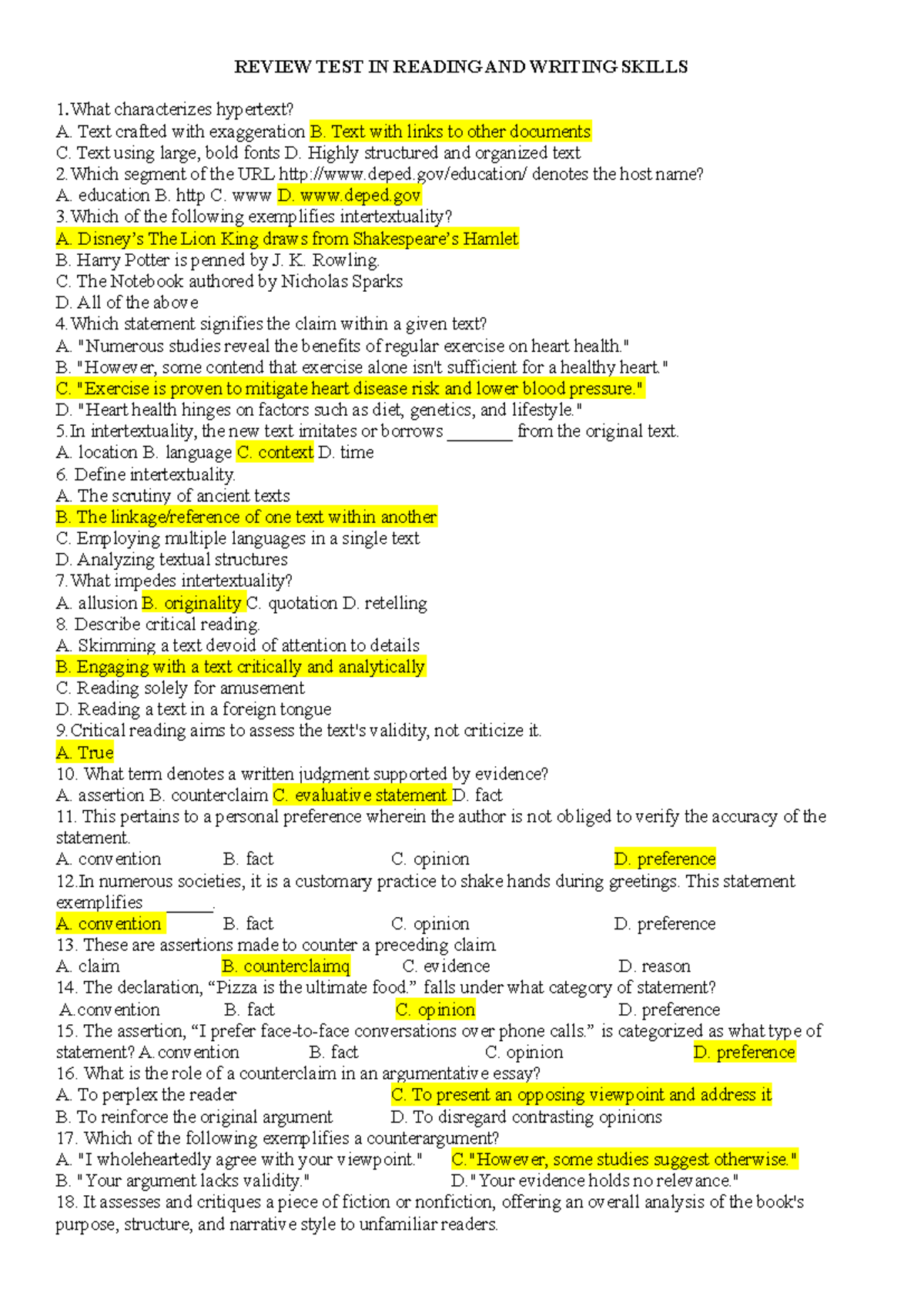 Reading& Writing Reviewer - REVIEW TEST IN READING AND WRITING SKILLS 1 ...