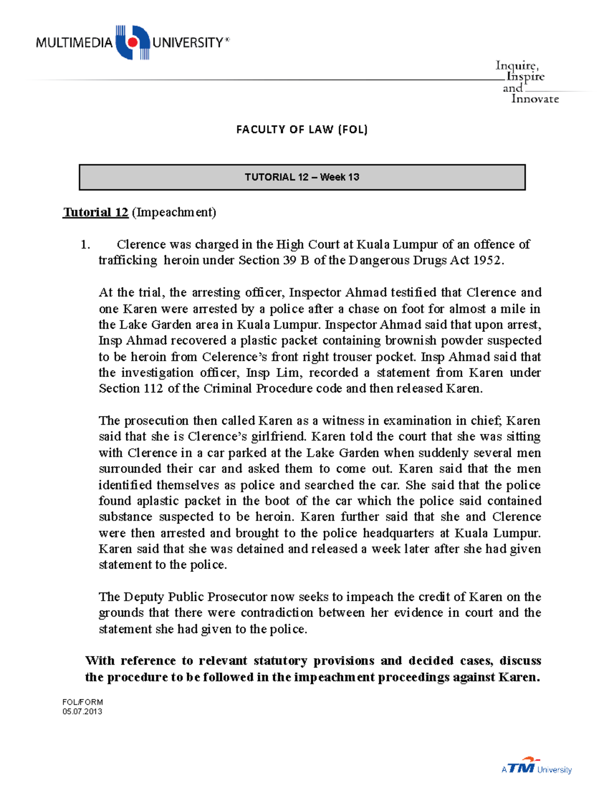 Week 13 Tutorial 12 - Criminal Procedure Code - FACULTY OF LAW (FOL ...
